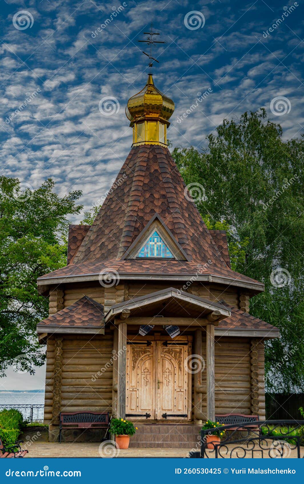 A Christian Temple Made Of A Wooden Frame With A Golden Dome And A Cross Stock Image Image Of