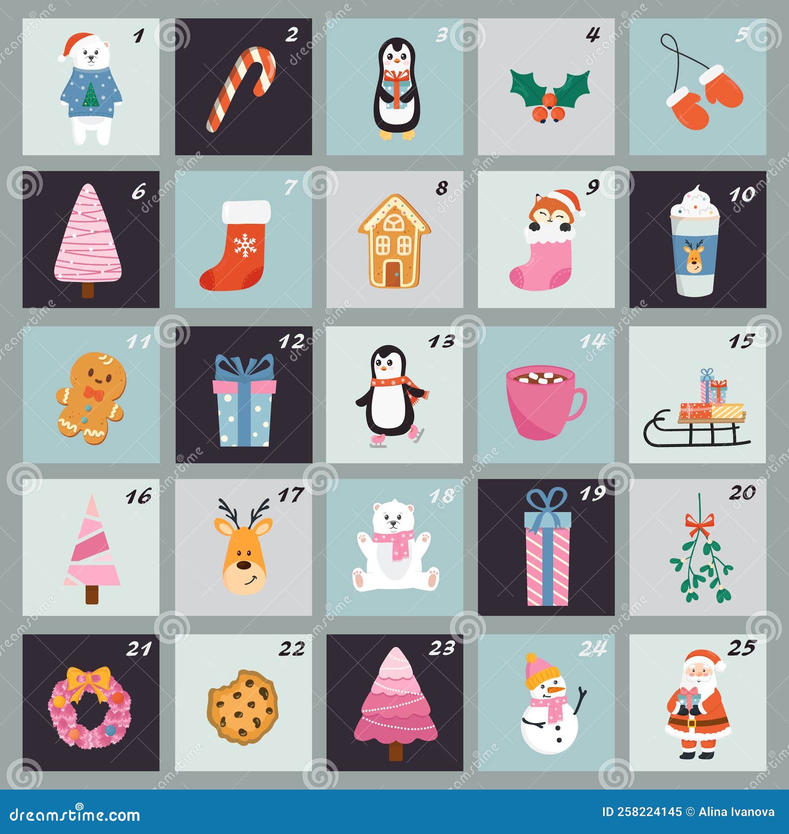 Christmas Advent Calendar with Cute Elements. Christmas Funny Poster ...