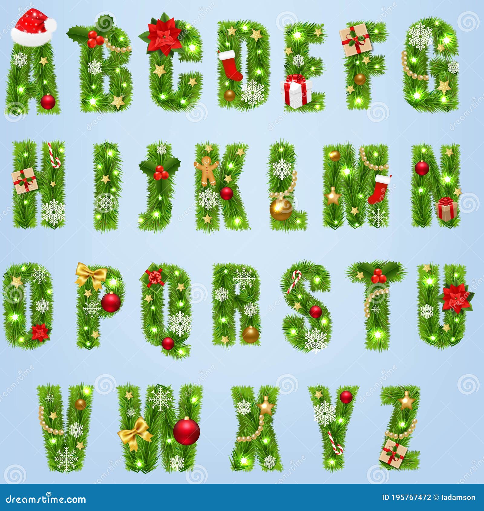 Christmas Alphabet with Christmas Toys Isolated Blue Background Stock ...