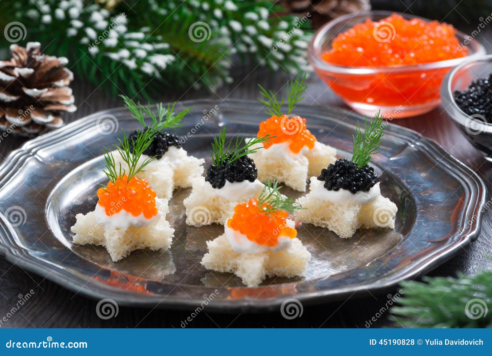 Christmas Appetizers with Caviar, Selective Focus Stock Photo - Image ...