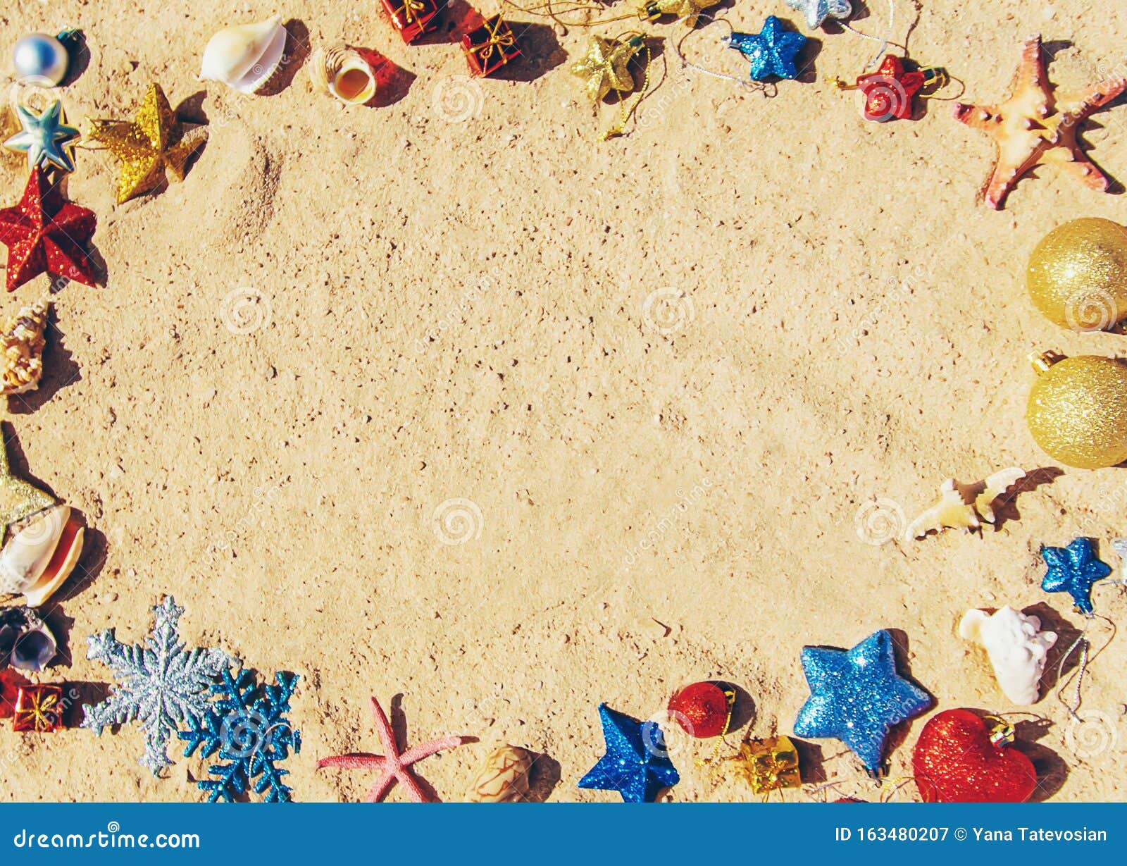 Christmas Background on the Beach with Shells on the Sand Stock Image ...