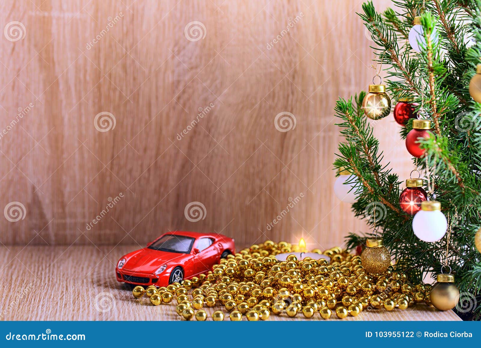 Christmas Background with Decorated Tree, Candle and Car As Gift Stock ...