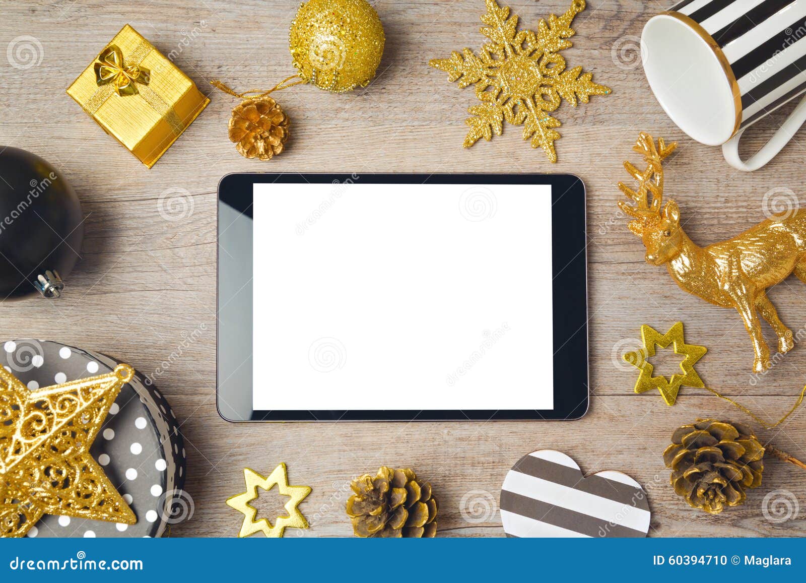 Christmas Background with Digital Tablet and Decorations. View from ...