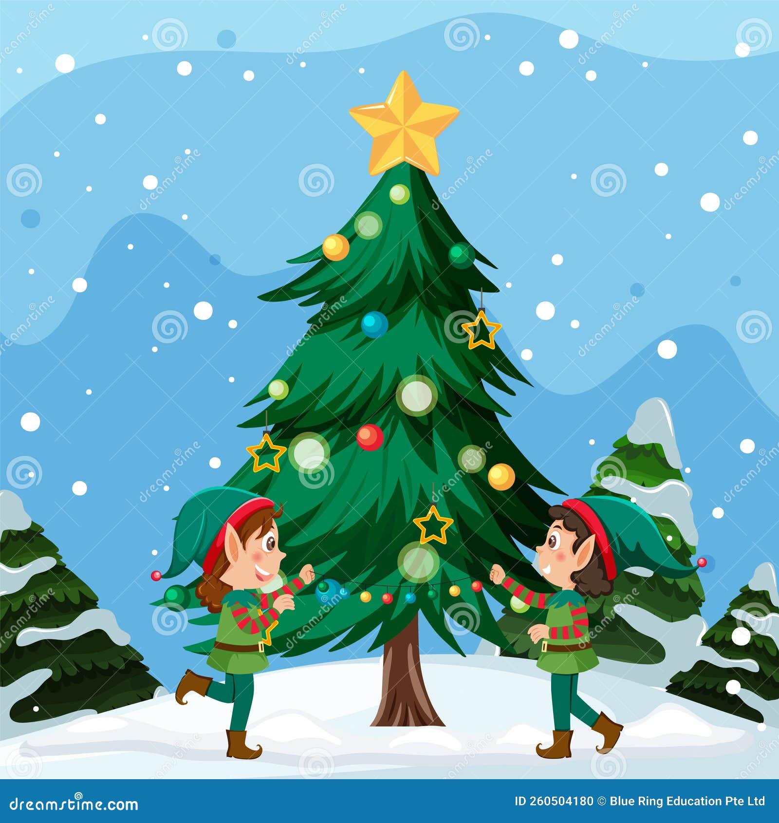 Christmas Background with Elves and Christmas Tree Stock Vector ...