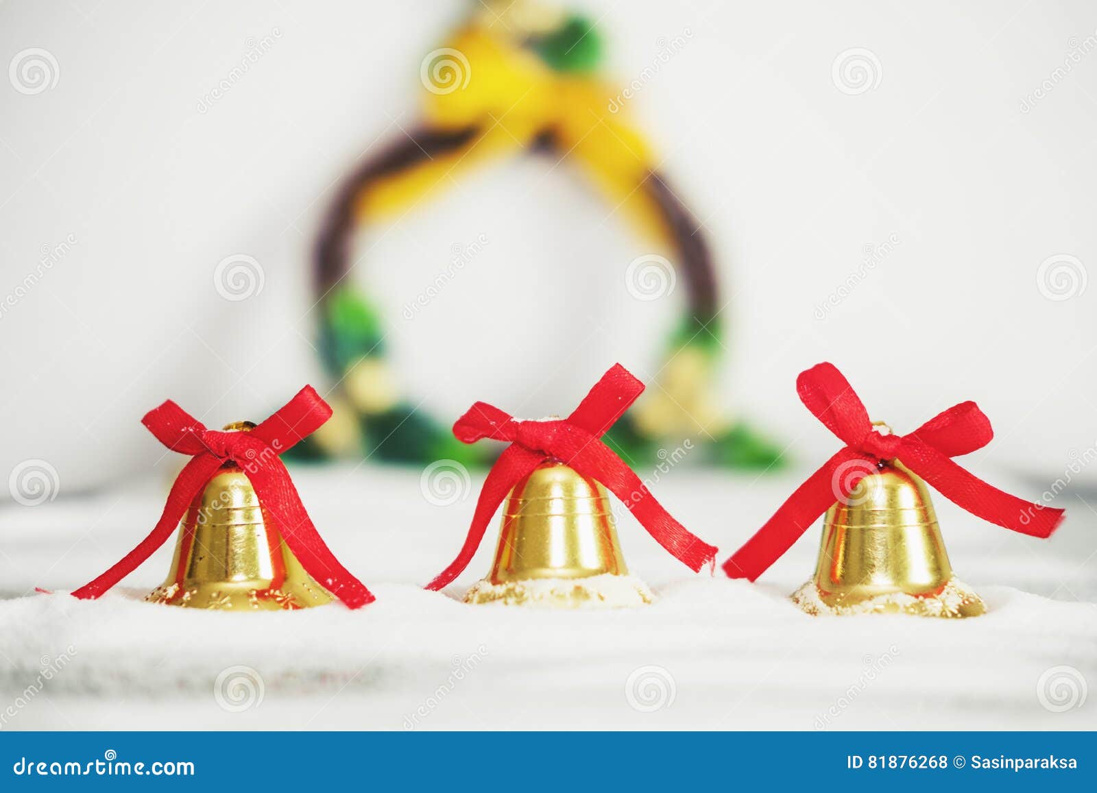Christmas Background, Golden Bells with Red Ribbon Stock Photo - Image ...