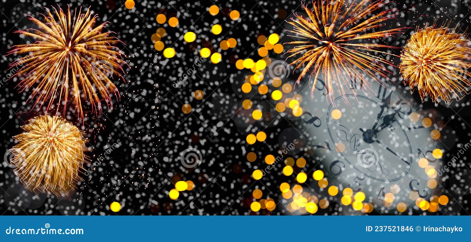 Christmas Background with Snow, Fireworks and Clock Face Stock Photo ...