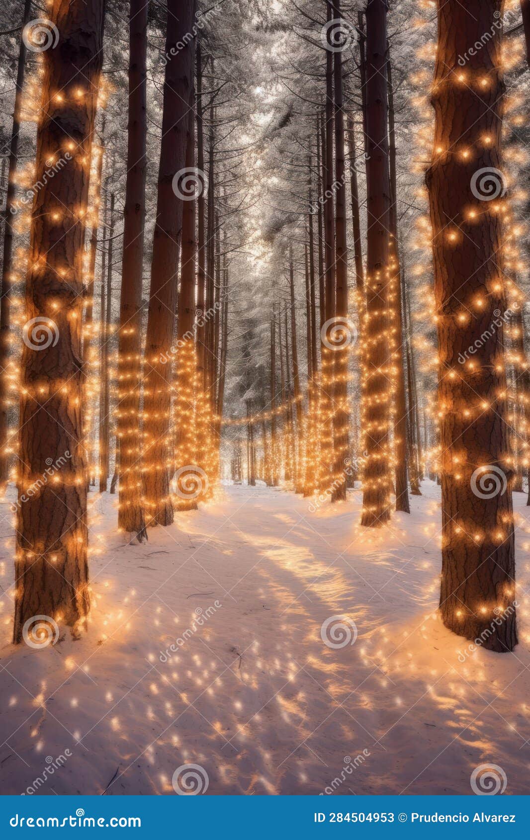 Christmas Background of Snowy Forest with Lights Stock Illustration ...