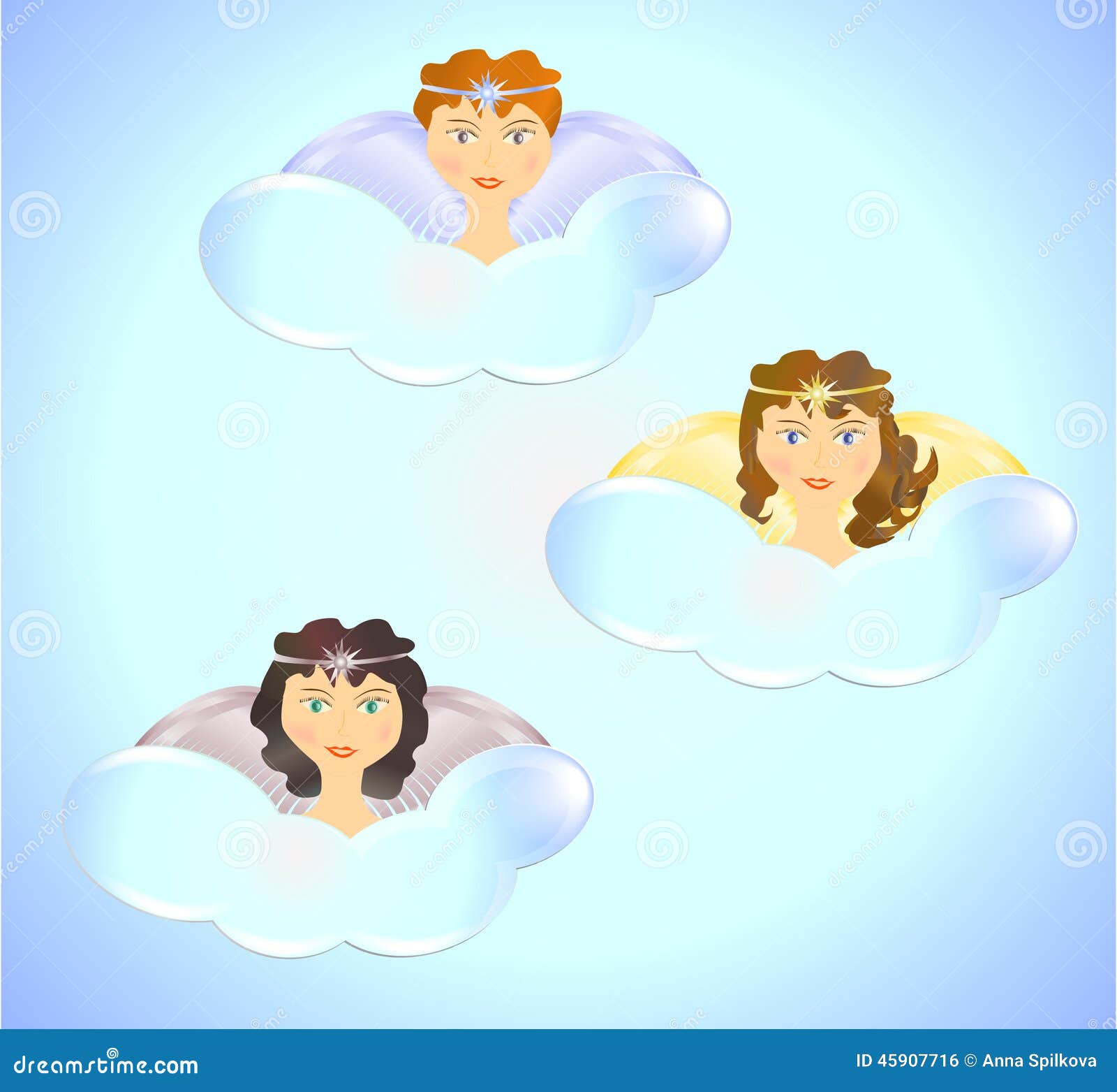 Christmas Background with Three Hand Drawn Angels and Clouds Stock ...