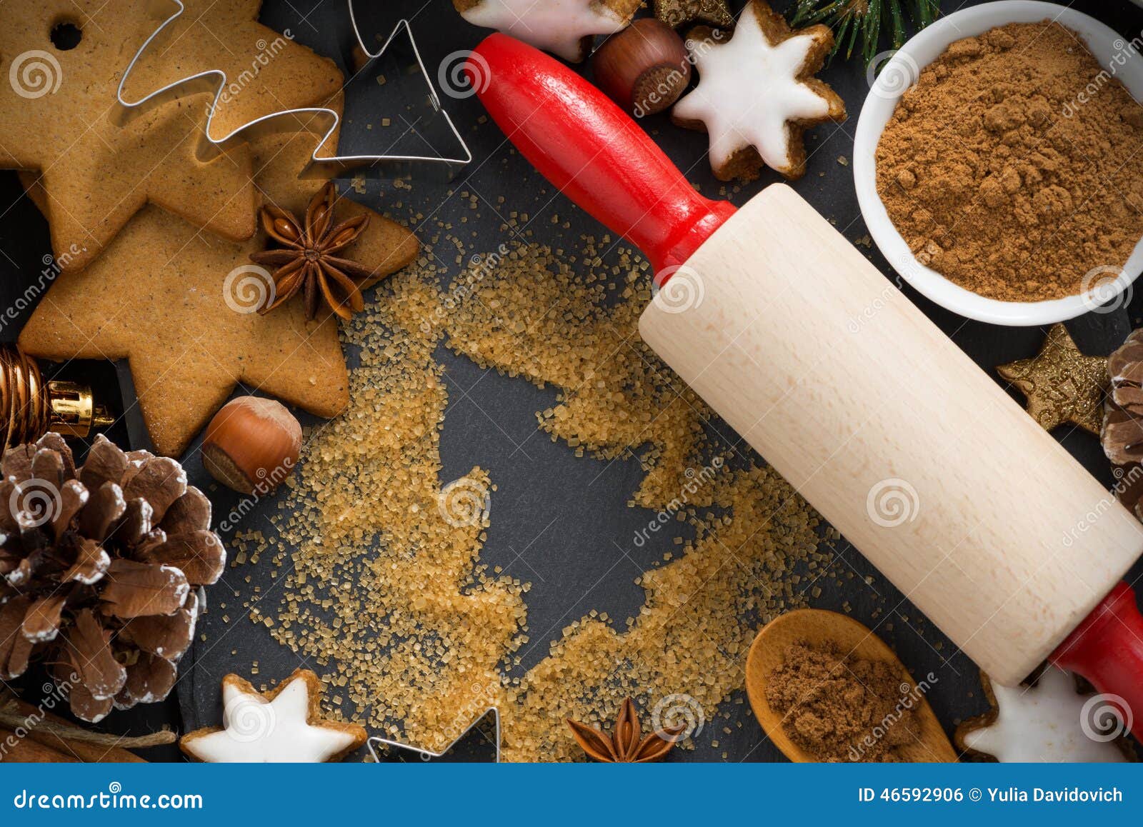 Christmas Baking - Ingredients and Cookies, Horizontal, Top View Stock ...