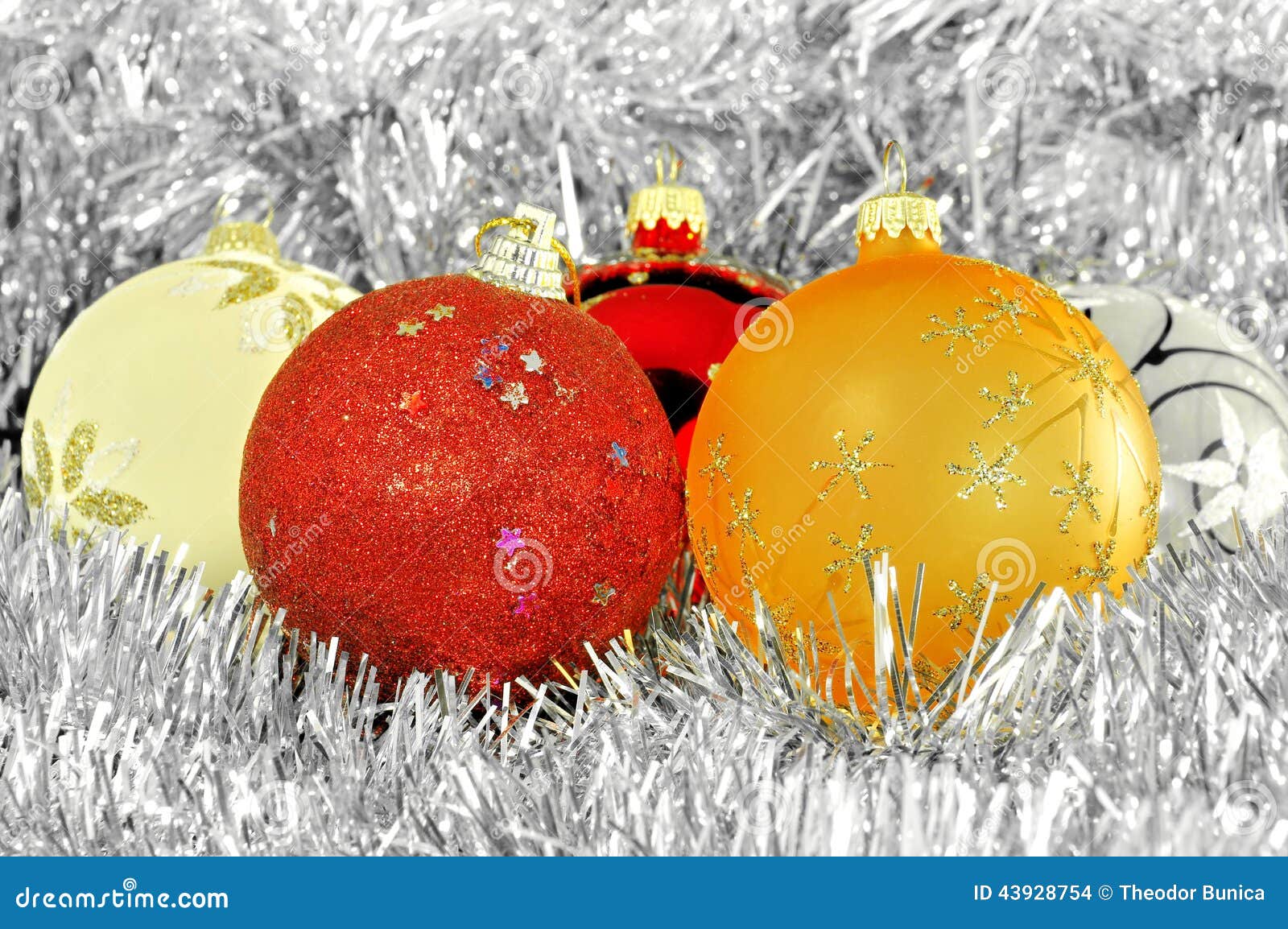 Colored Christmas Balls and Silver Tinsel Stock Photo - Image of hope ...