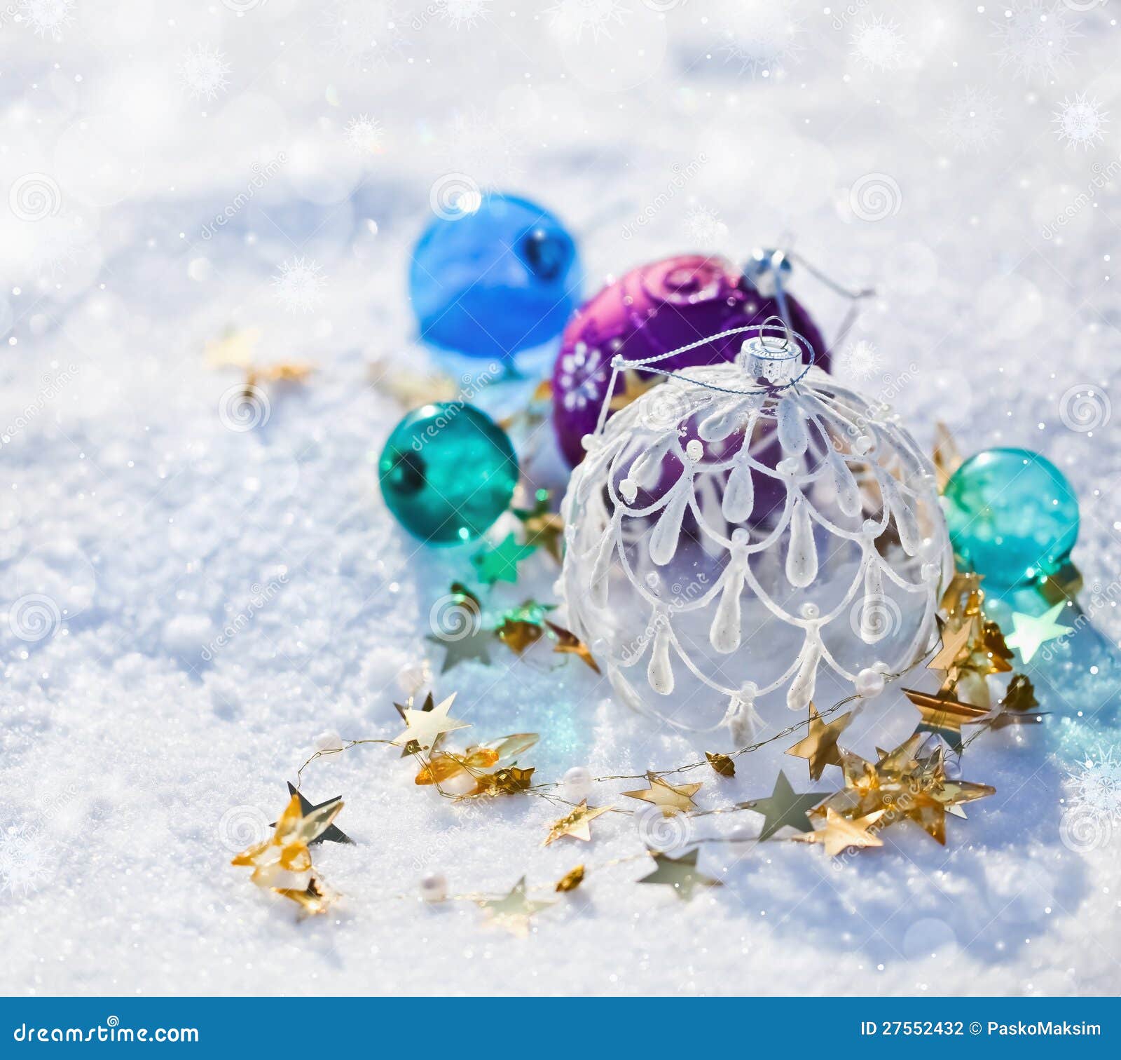 Christmas Balls in the Snow Stock Photo - Image of party, shallow: 27552432