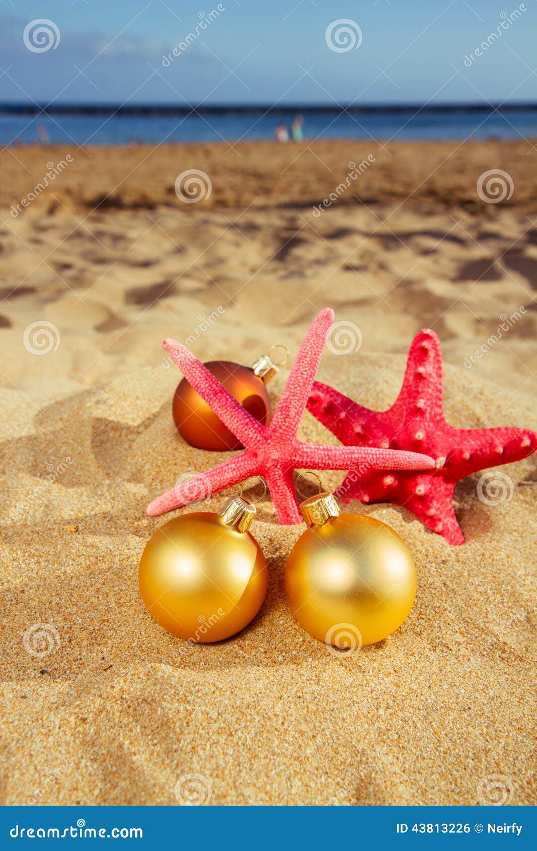 Christmas Balls with Starfish on Beach Stock Photo - Image of holiday ...