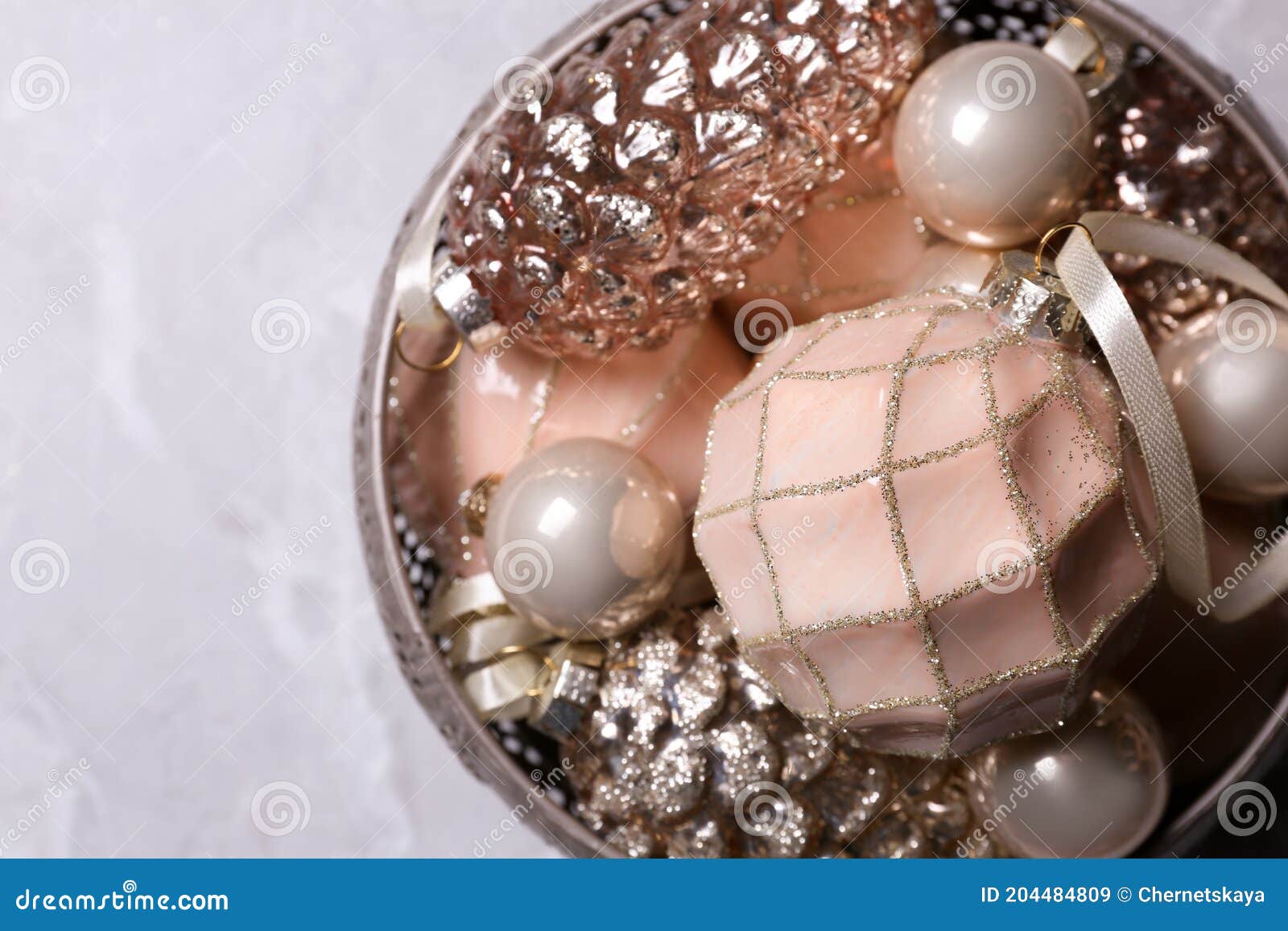 Christmas Baubles in Bowl on Light Grey Table, Top View Stock Image ...