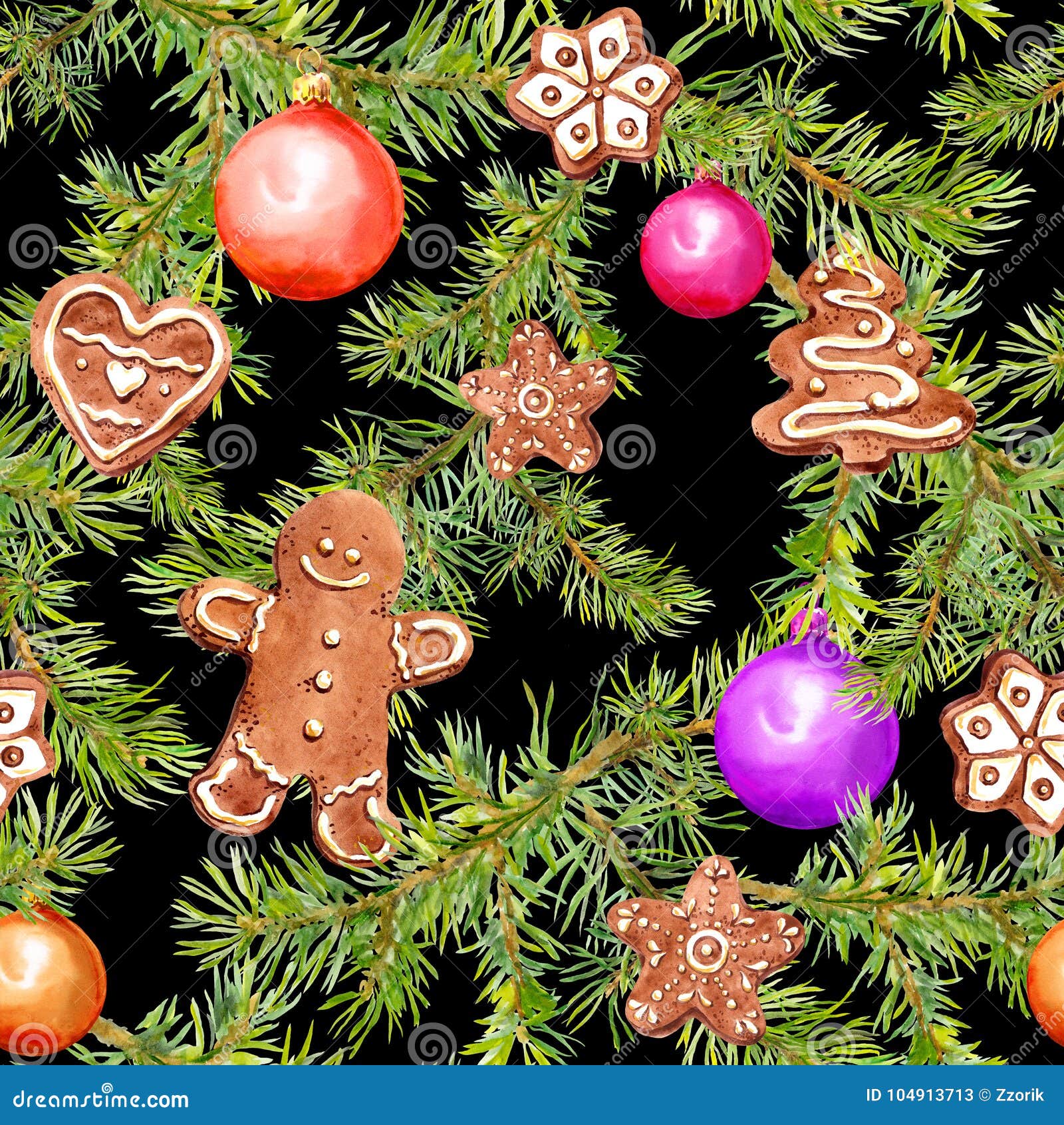 Christmas Baubles, Ginger Bread, Conifer Tree Branches. Seamless ...