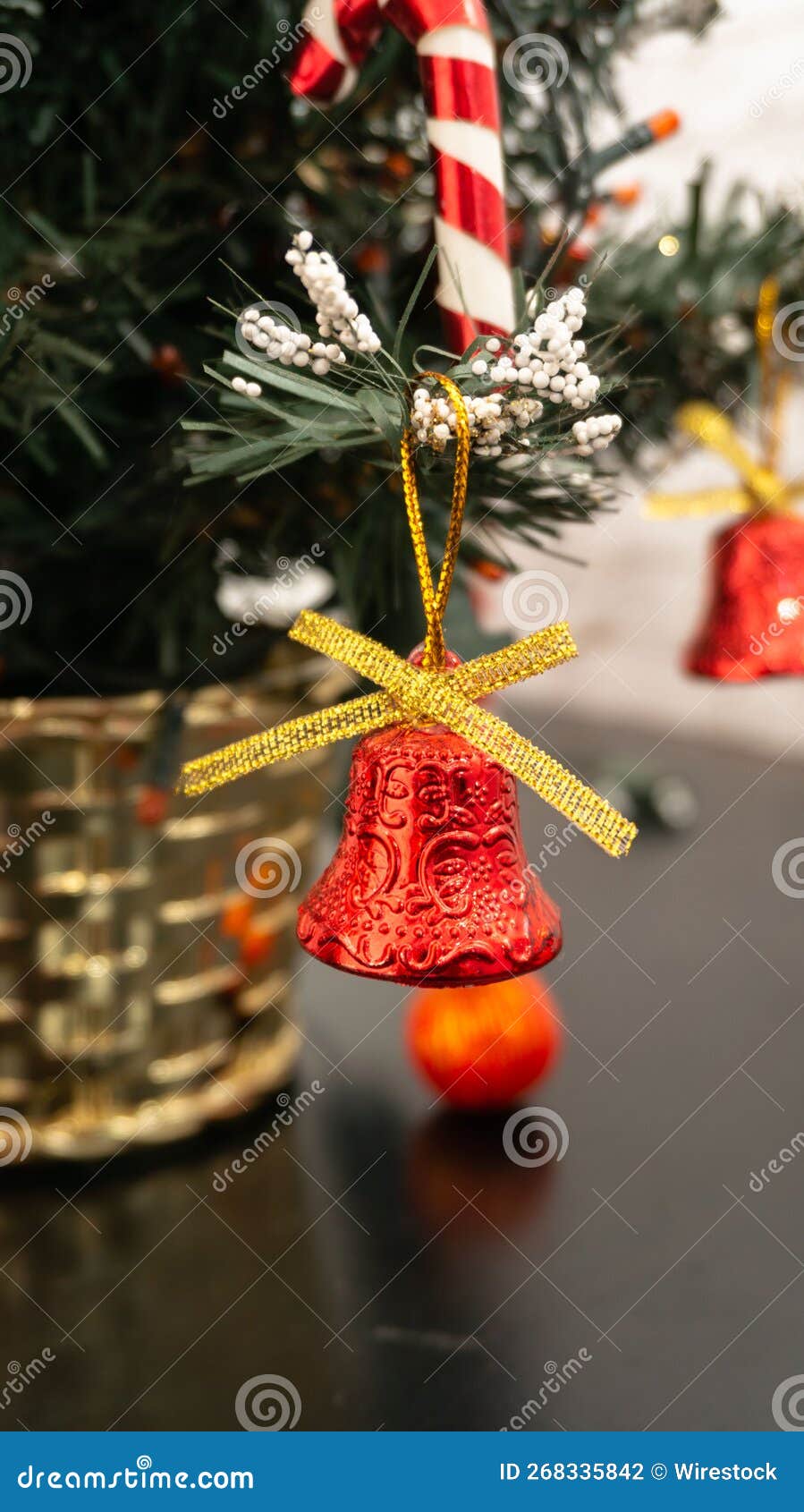 Christmas Bell Hanging from Pine Tree Stock Photo - Image of present ...