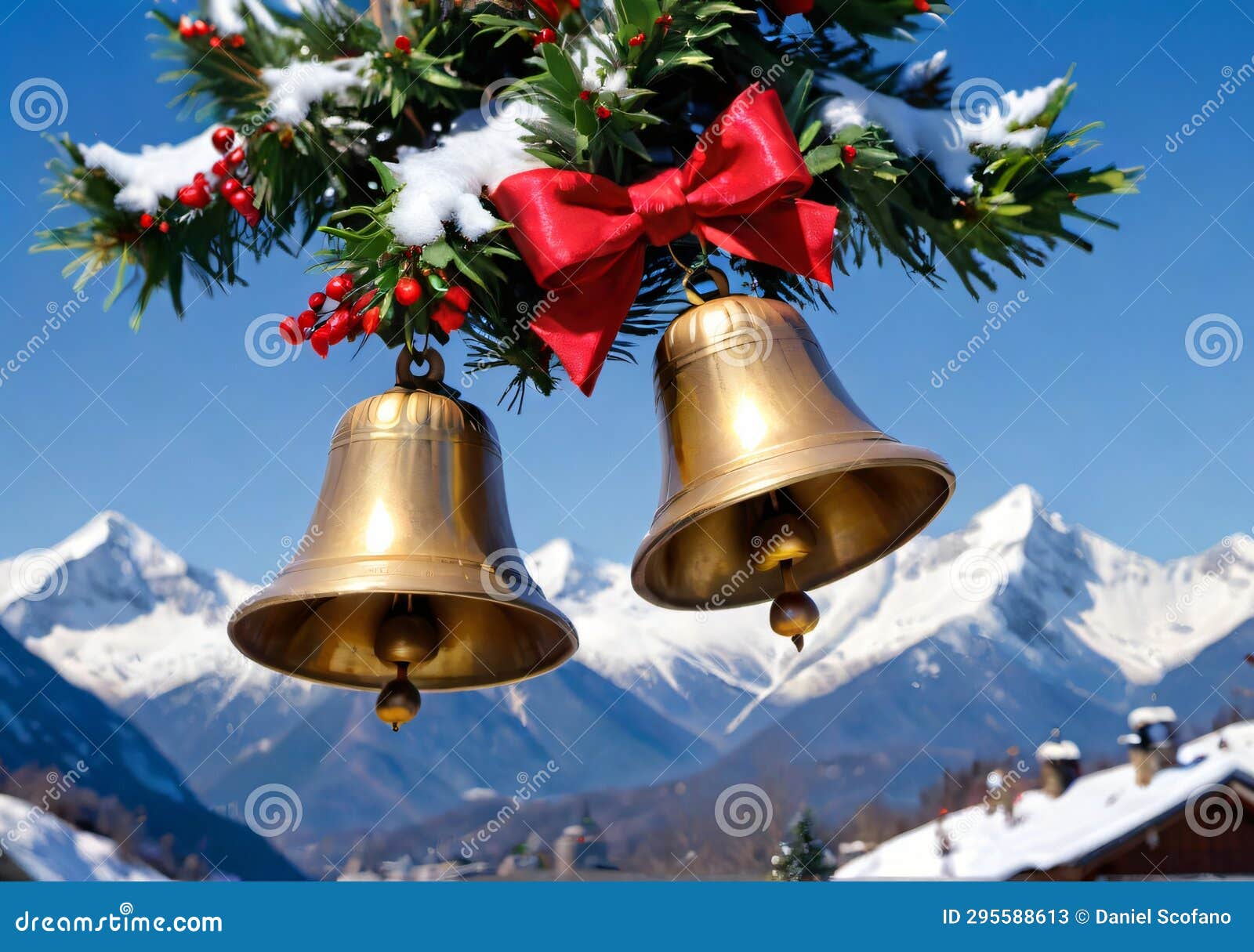 Christmas Bells with a Backdrop of a Snowy Mountain, at Noon ...
