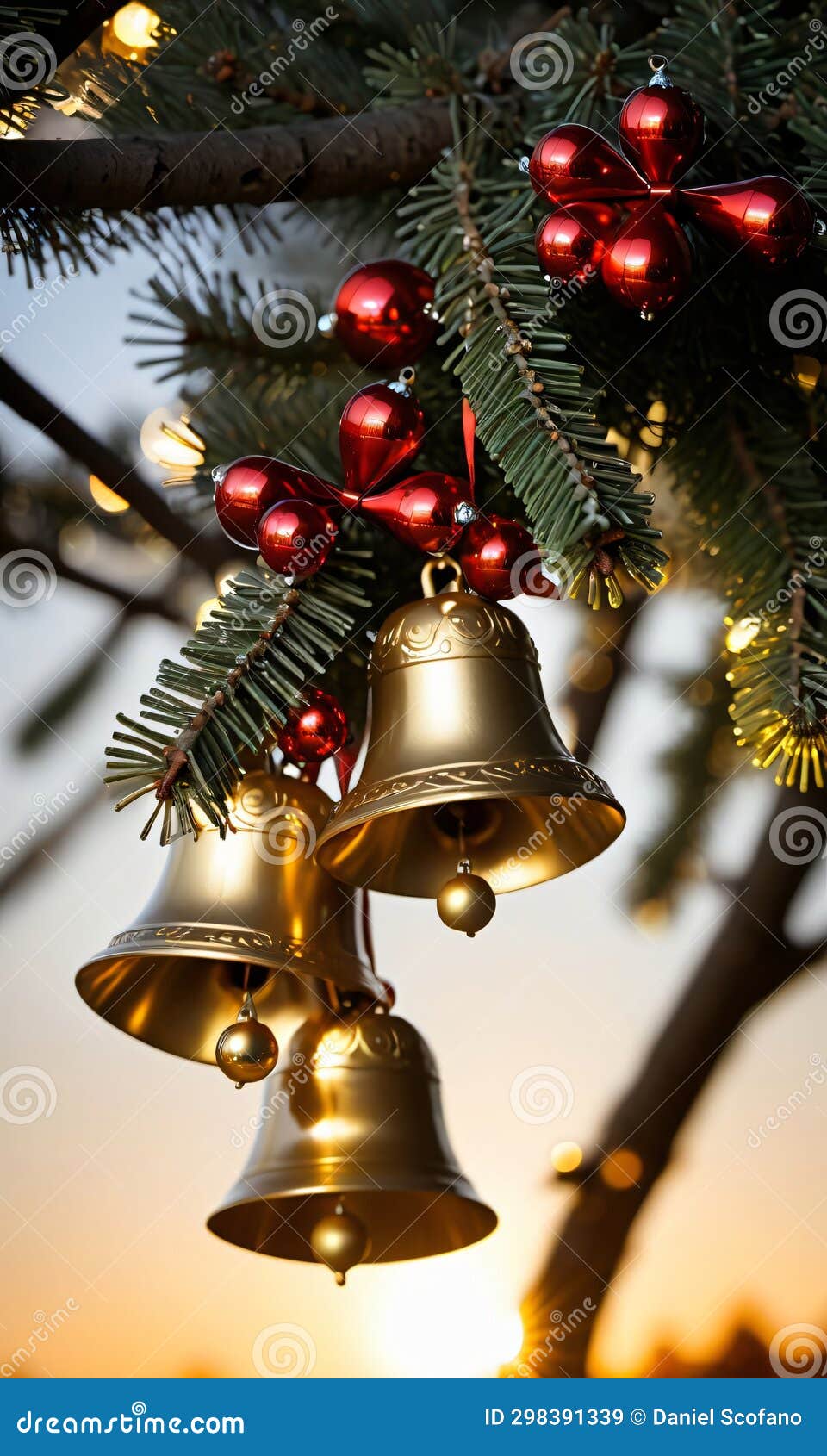 Christmas Bells Hanging from a Tree, Glistening Under the Soft Light of ...