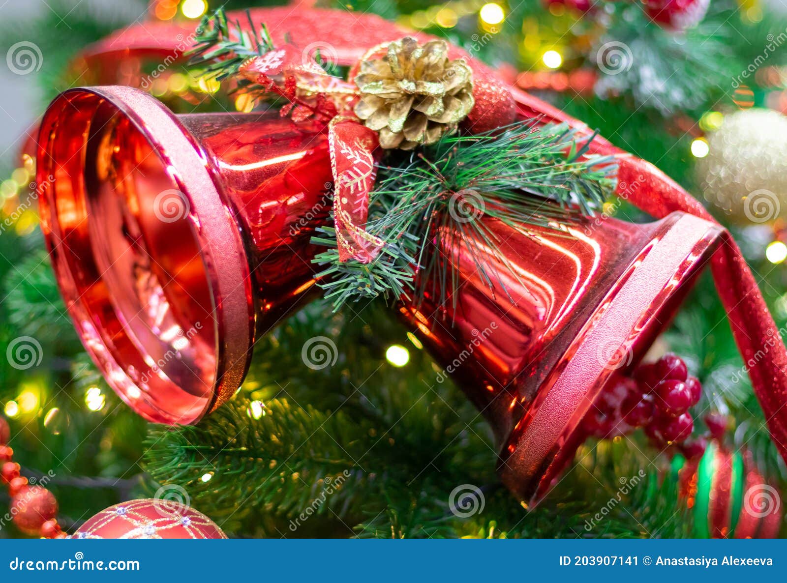 Christmas Bells on the Christmas Tree. Close Up Stock Image - Image of ...