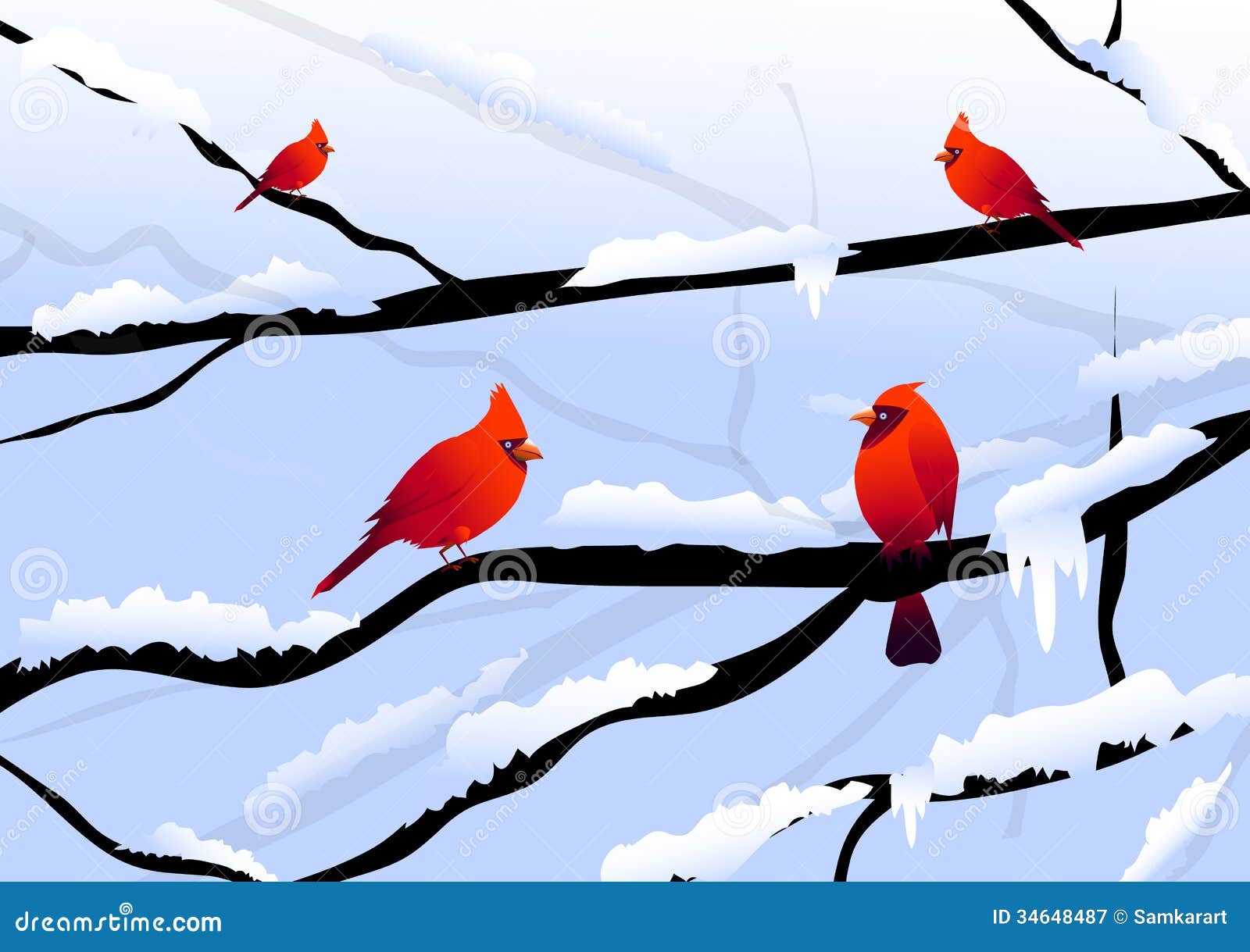 Red Birds Winter White Landscape Backyard Scene Fresh Snowfall ...