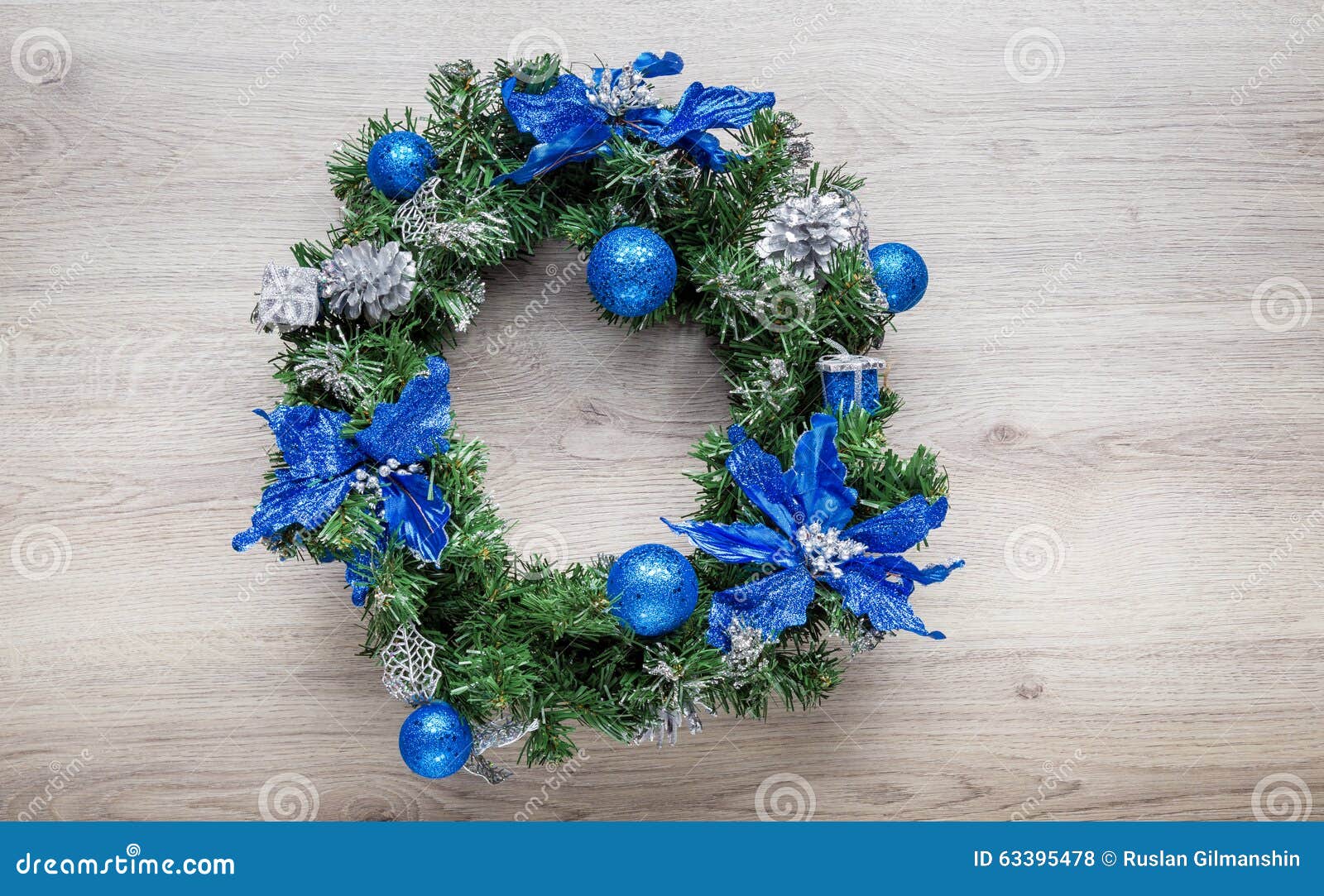 Christmas Blue Wreath on Wood Stock Photo - Image of branch, circle ...