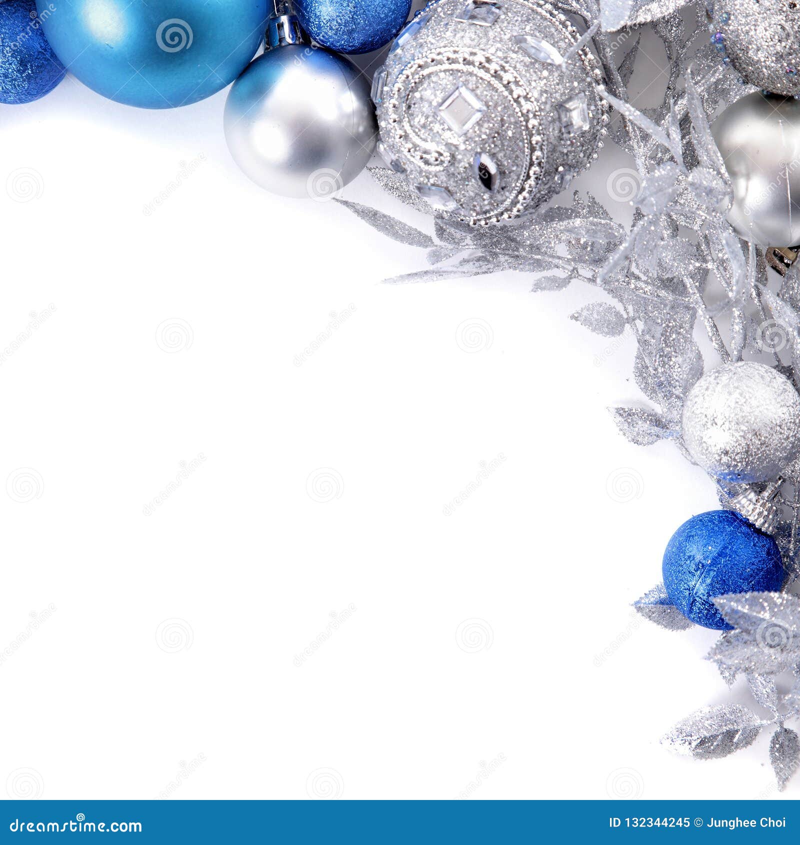 Christmas Border with Blue and Silver Decorations Square Stock Image ...