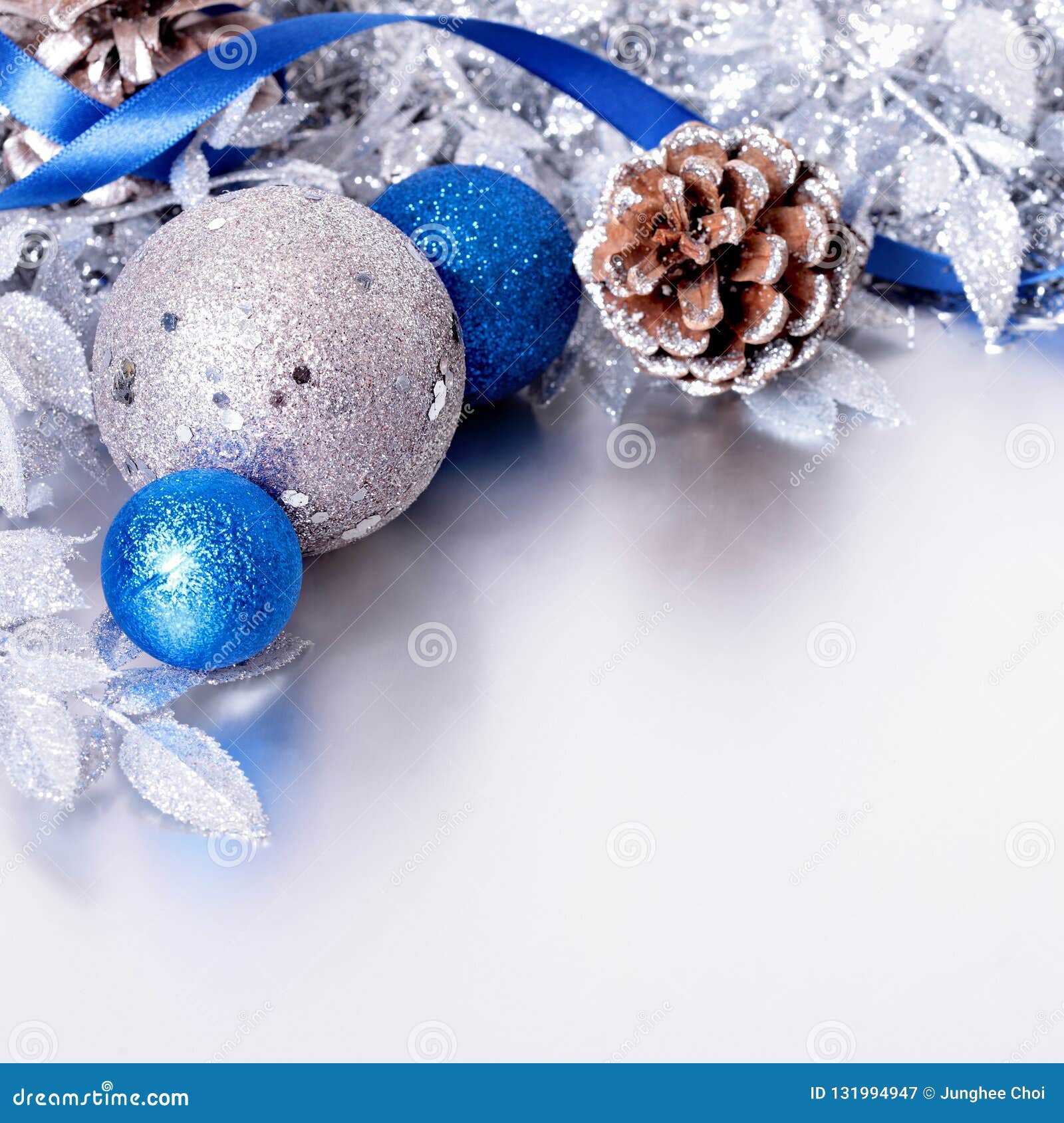 Christmas Border with Silver and Blue Balls on Silver Background Stock ...
