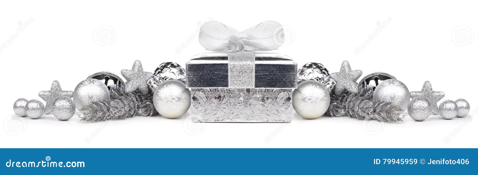 Christmas Border of Silver Ornaments and Gift Over White Stock Image ...