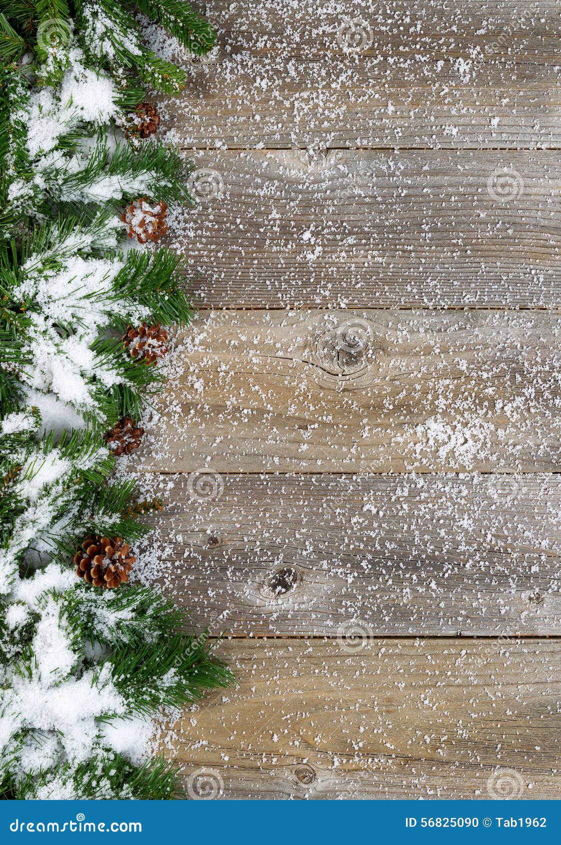 Christmas Border with Snow Covered Evergreen Branches on Rustic Stock ...