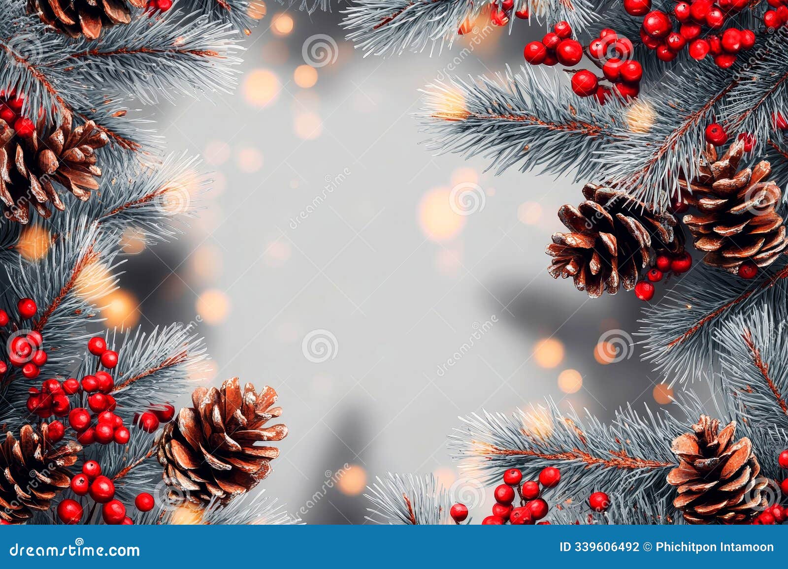 Christmas Border with Tree Branches Red Berries Pine Cones. Stock Photo ...