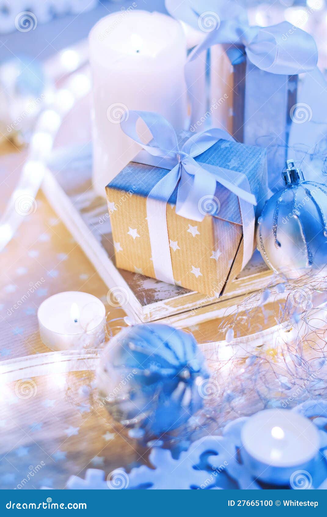 Christmas Box Gift in Blue Gold Light Stock Photo - Image of present ...