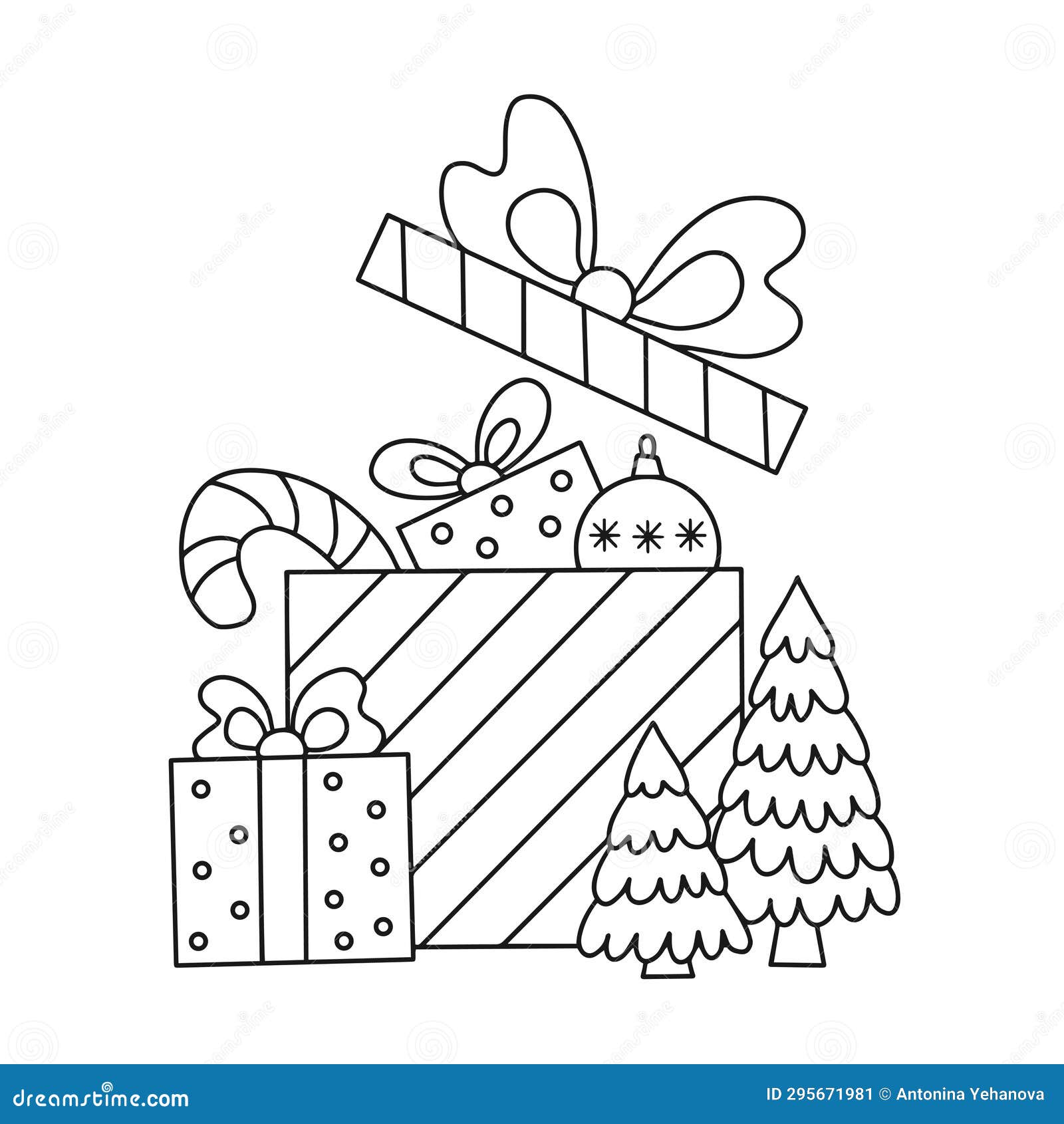 Christmas Box with Gifts and Trees. Linear Drawing for Coloring Stock ...