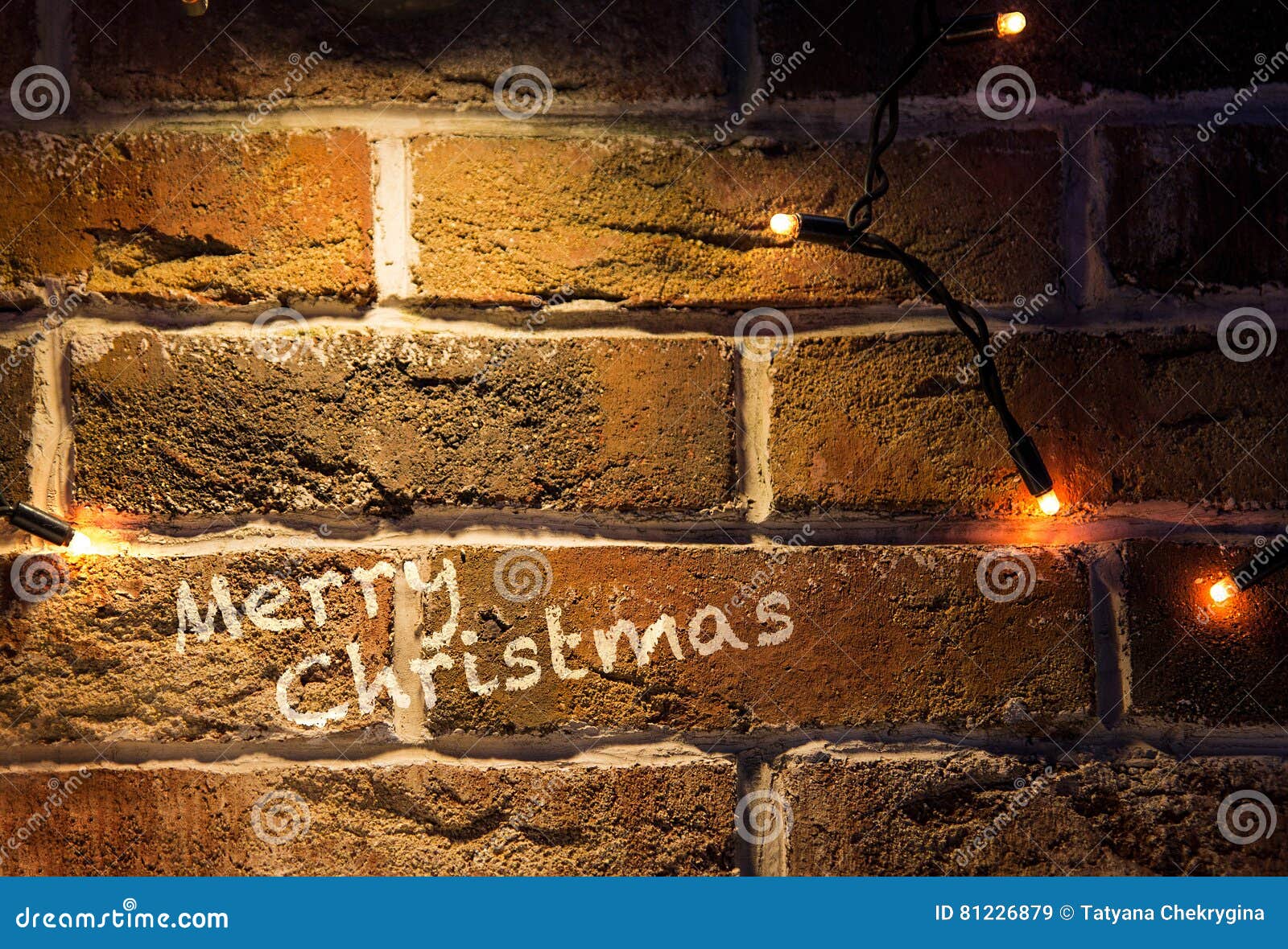 Christmas Brick Wall Background with Lights Glowing Card Stock Image ...