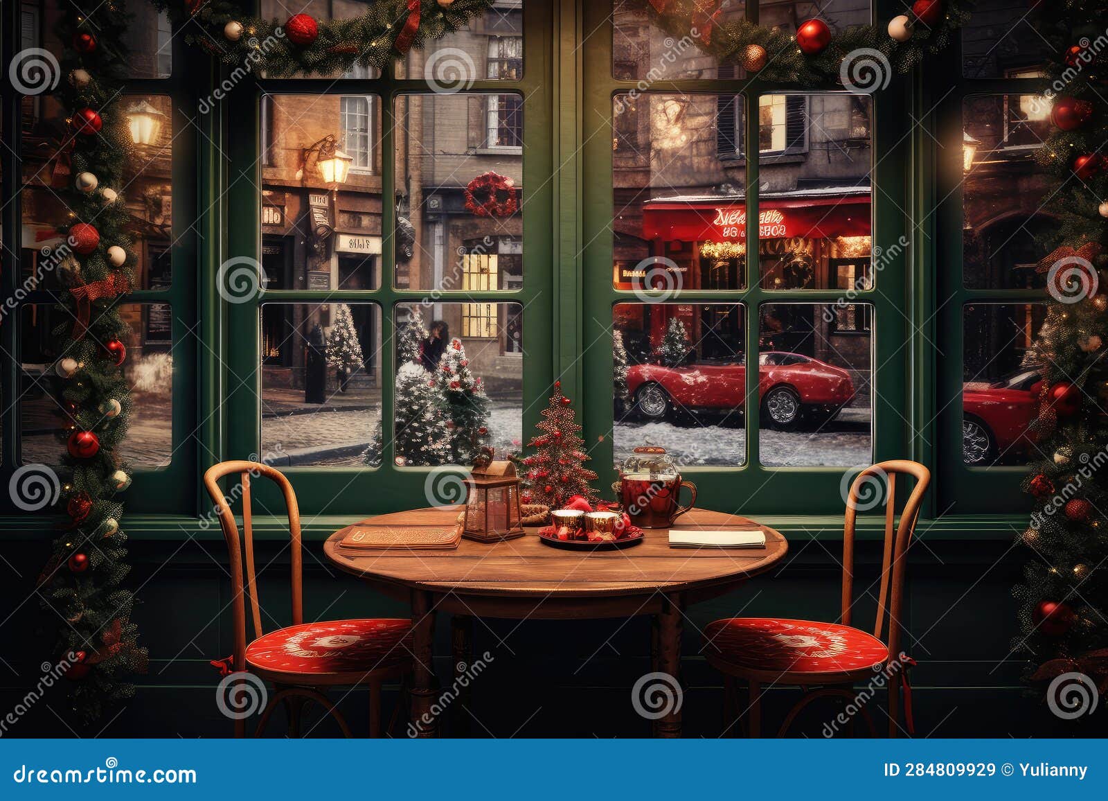 Christmas Cafe Interior with Tree. Generative AI Stock Illustration ...