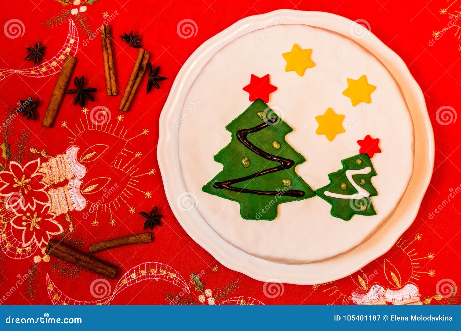 Christmas Cake Decorated with Green Fondant Christmas Tree Stock Image ...