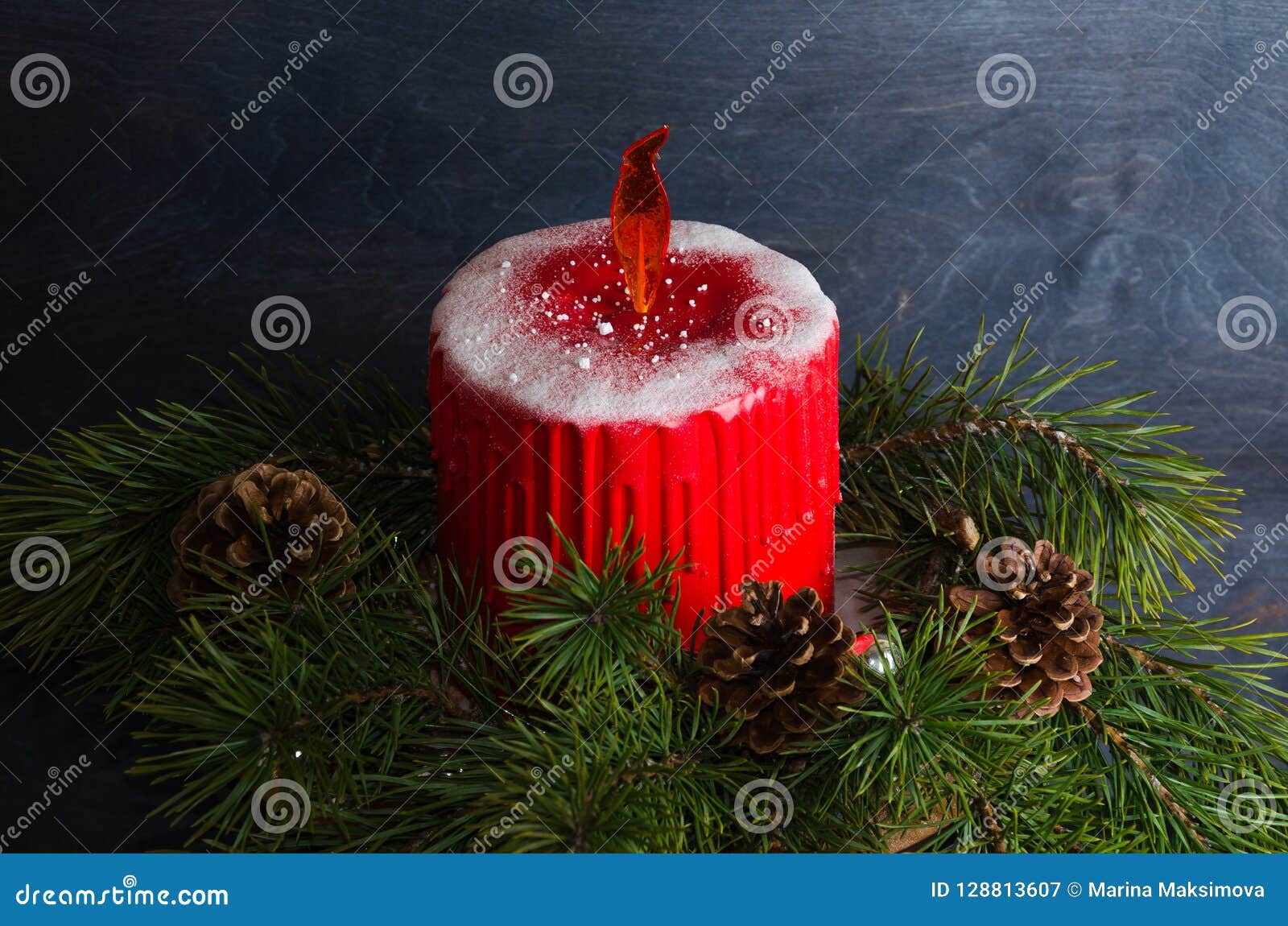 Christmas Candle Cake with Caramel Flame Decorated with Pine Tree Stock ...