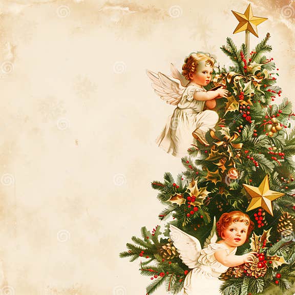 Christmas Card with Angels Decorating the Tree. Space for Text Stock ...