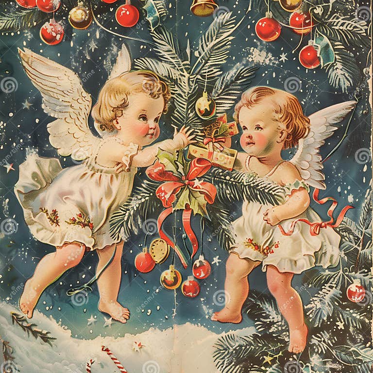 Christmas Card with Angels Decorating the Tree. Space for Text Stock ...