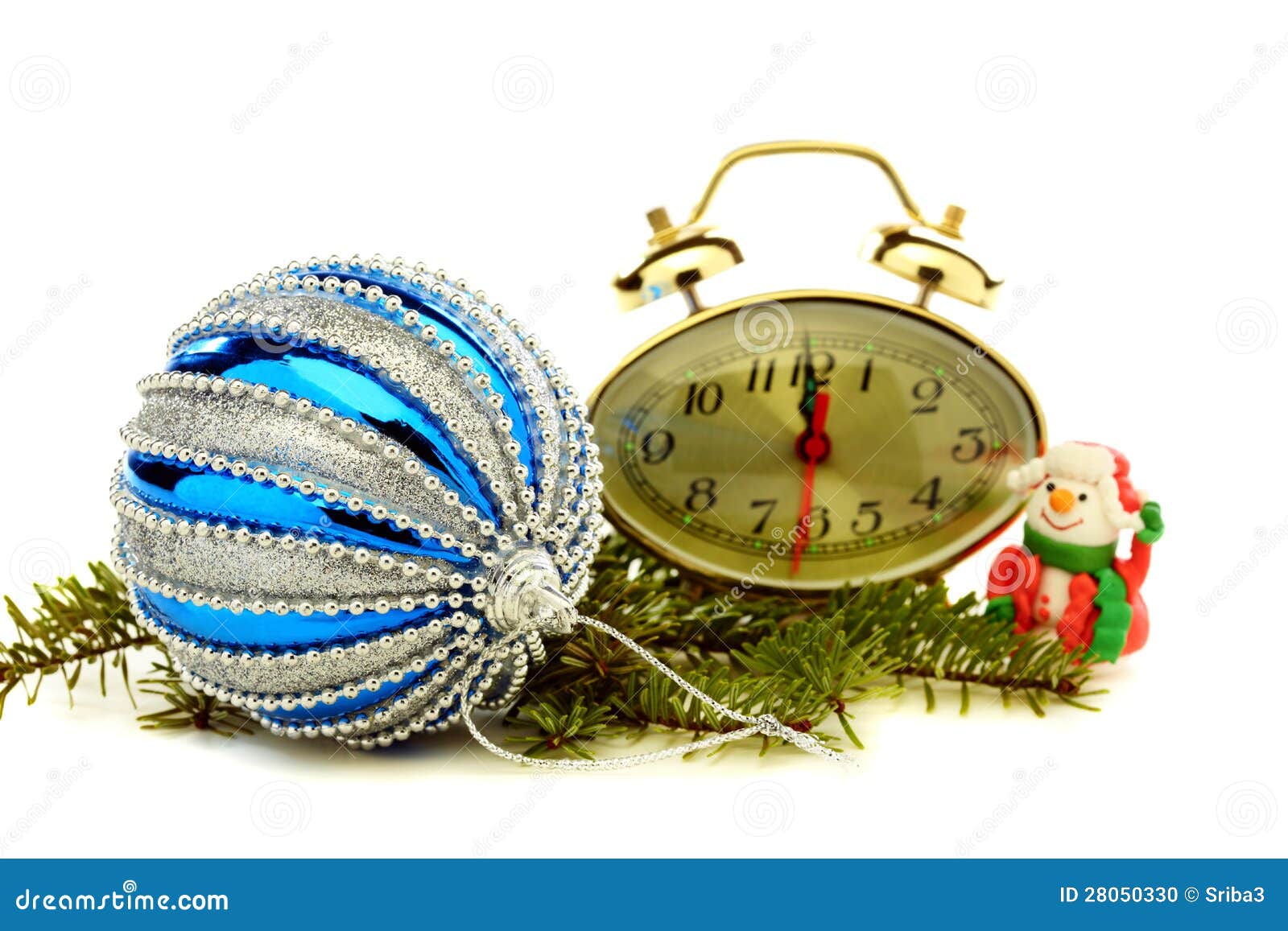 Christmas Card with Clock, Snowman and Blue Ball. Stock Photo - Image ...