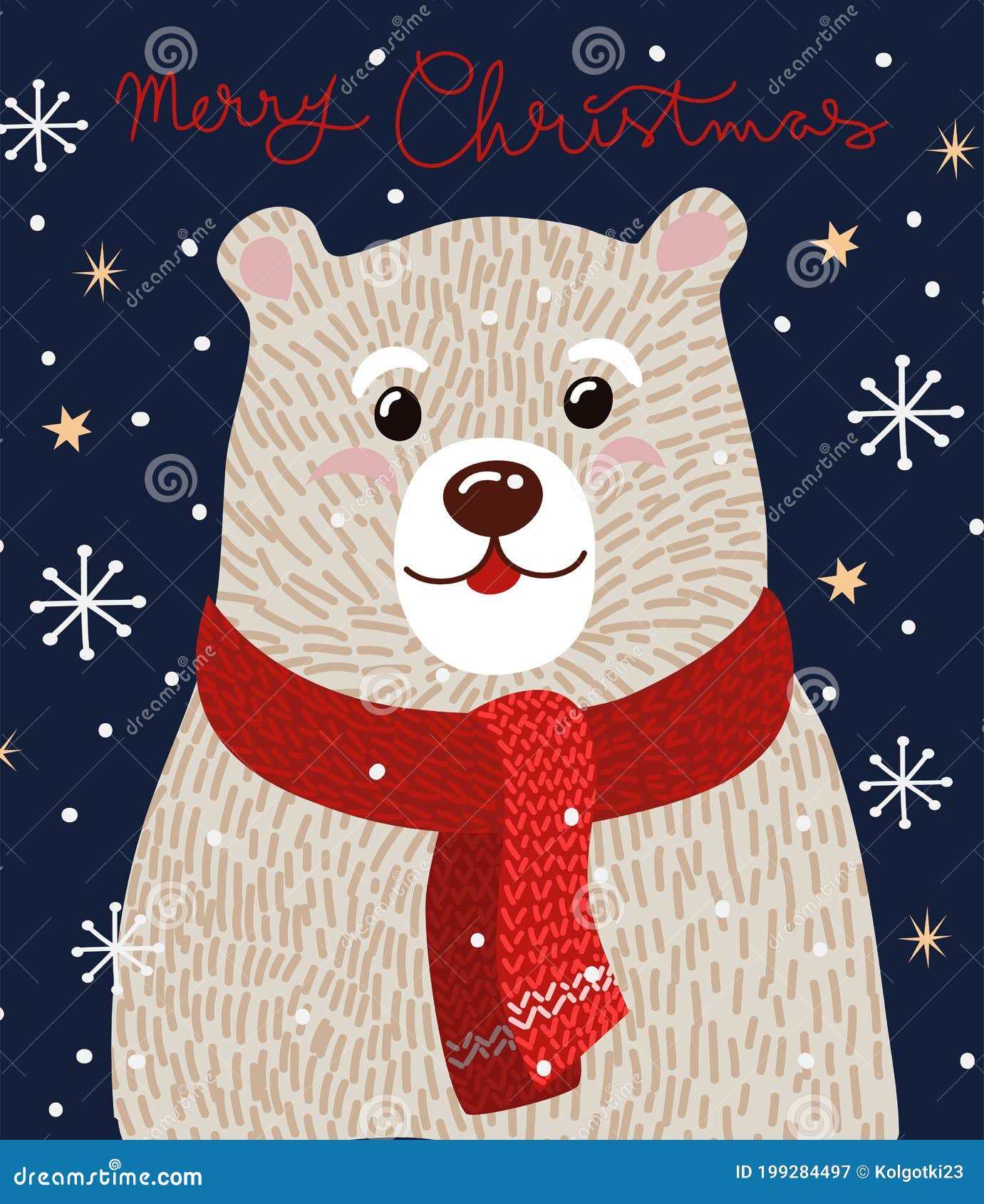 Christmas Card With Cute Polar Bear In A Red Scarf Vector Cartoon Flat