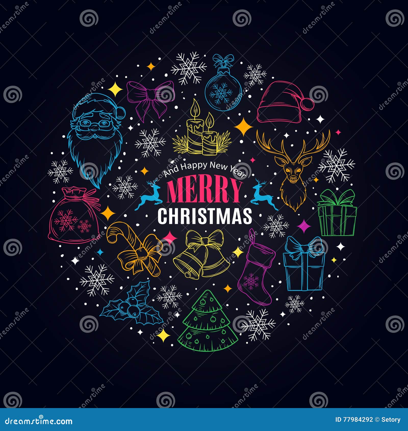 Christmas Card with Decorative Icons Stock Vector - Illustration of ...