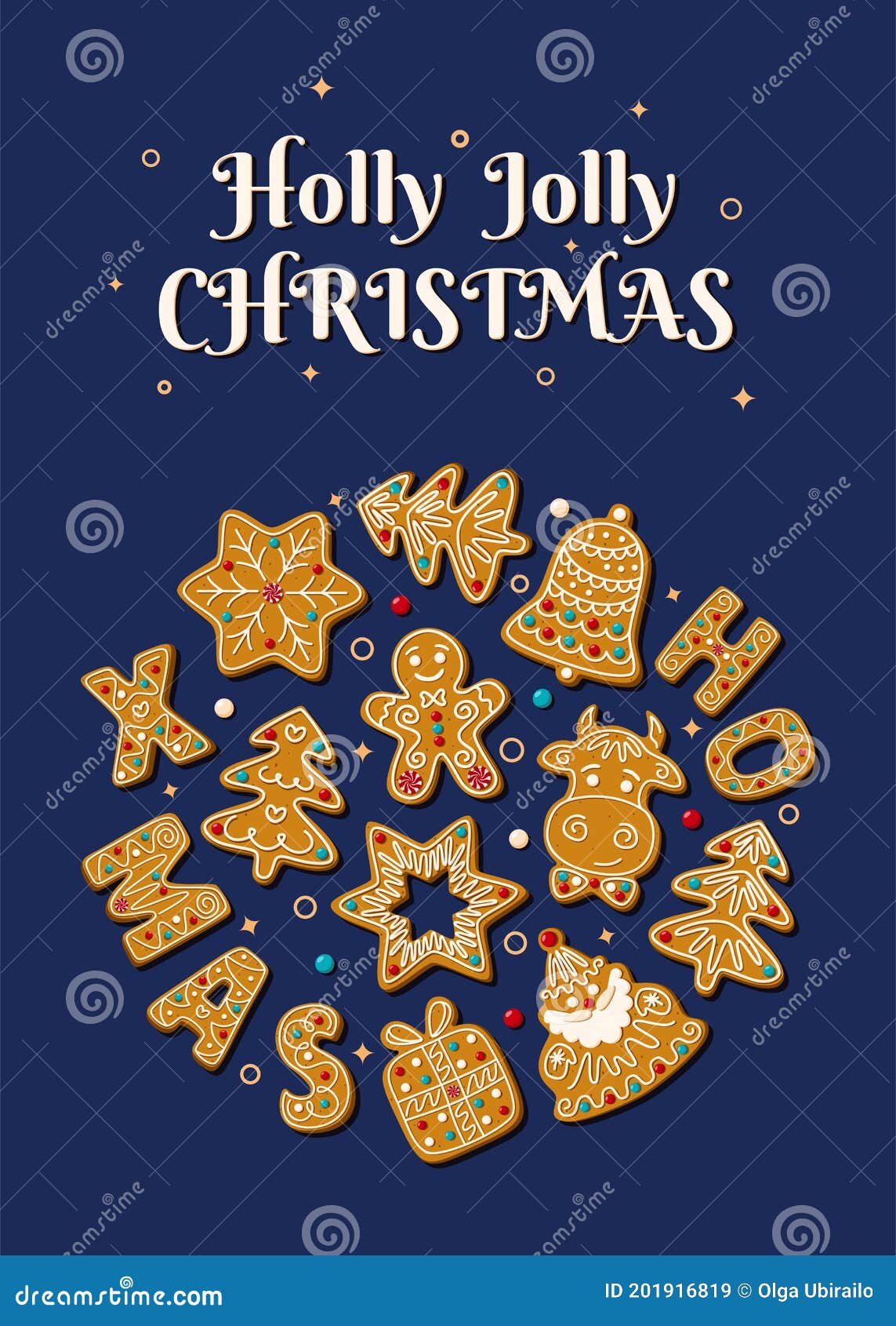 Christmas Card with Christmas Gingerbread on a Blue Background. Vector ...