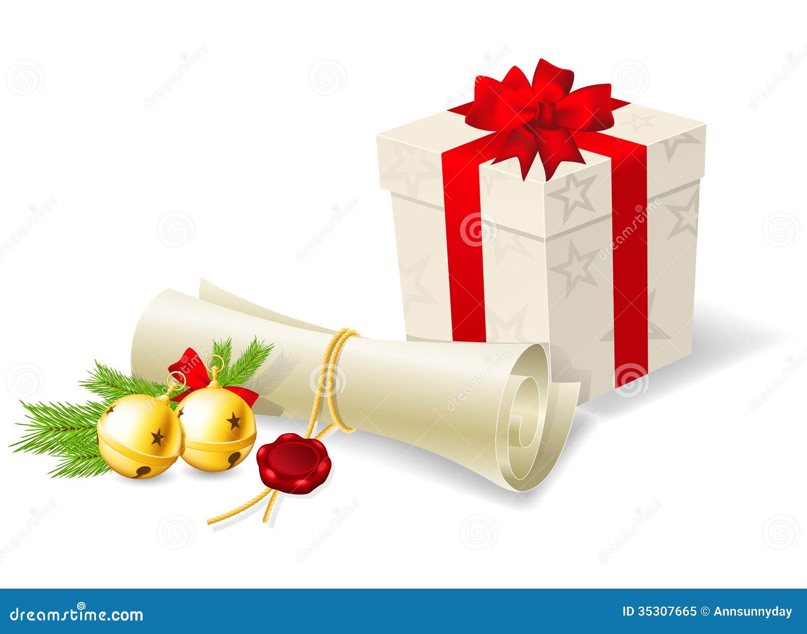 Christmas Card with Paper Scroll, Gift and Bells Stock Vector ...