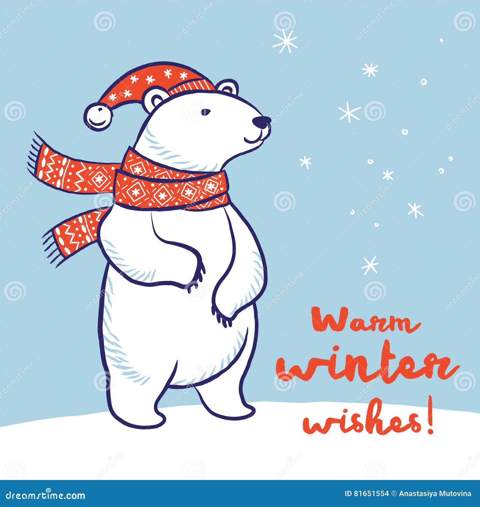 Christmas Card Of Polar Bear In Red Scarf And Hat Stock Vector