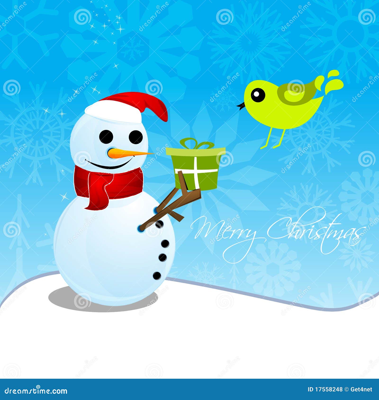 Christmas Card with Snowman and Bird Stock Vector - Illustration of ...
