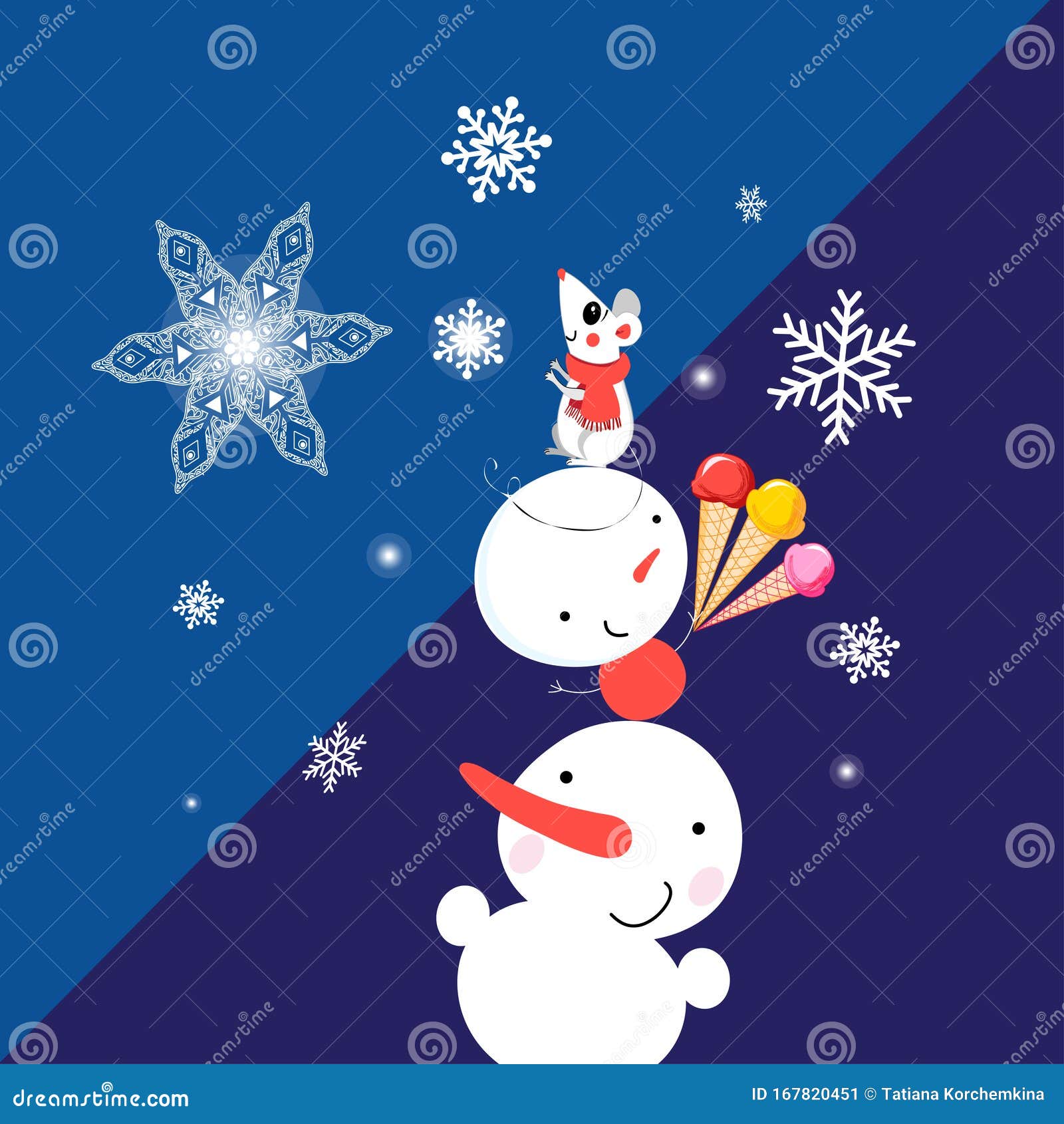 Christmas Card with Snowmen and Mouse Stock Illustration - Illustration ...