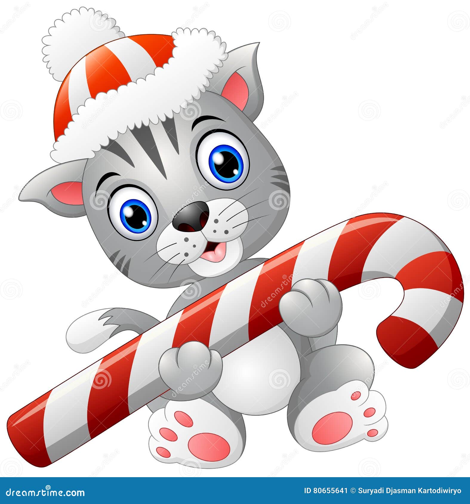 Christmas Cat with Candy Cane Stock Vector - Illustration of grey ...