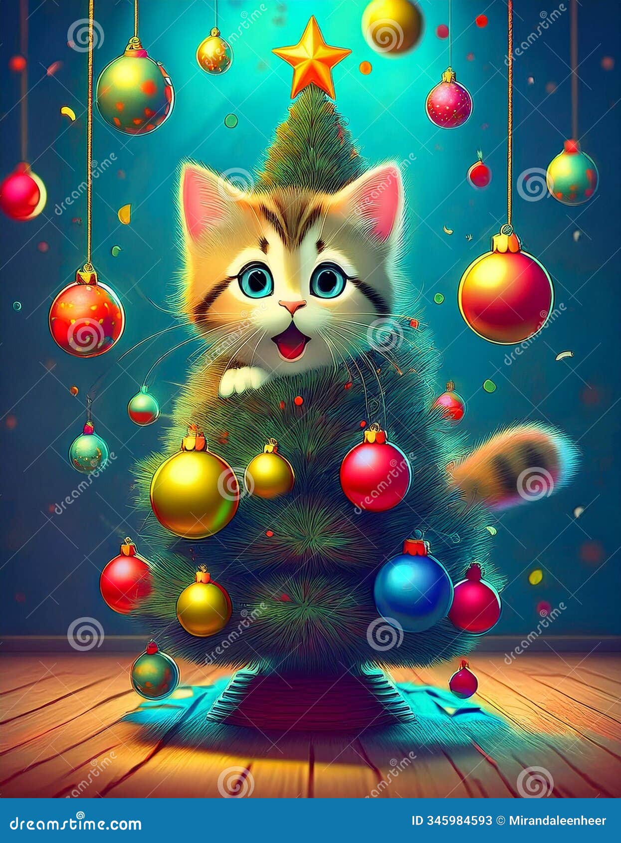 Christmas Cat in Tree Cartoon Stock Illustration - Illustration of ...