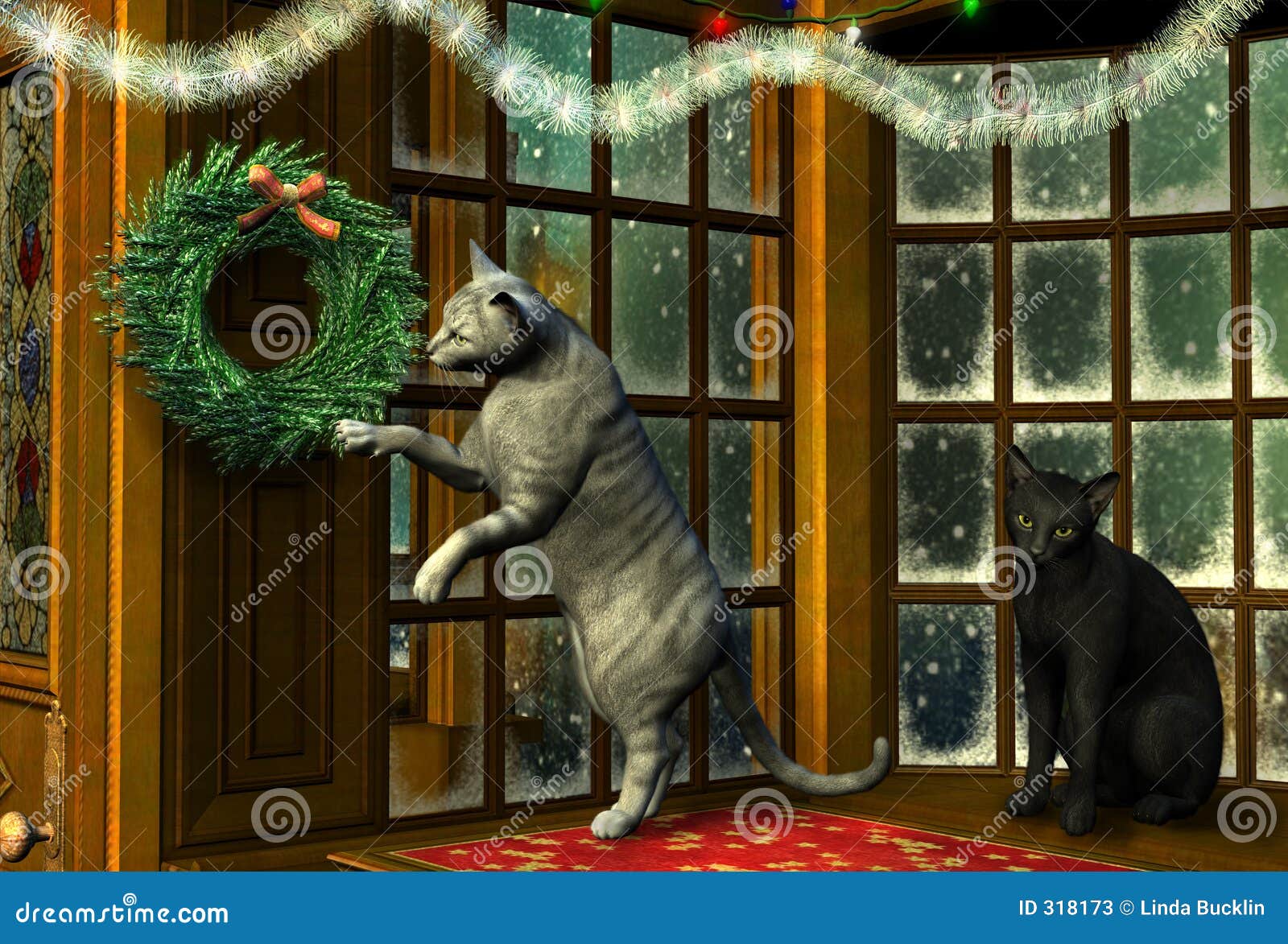 Christmas Cats in Holiday Window Stock Illustration - Illustration of ...