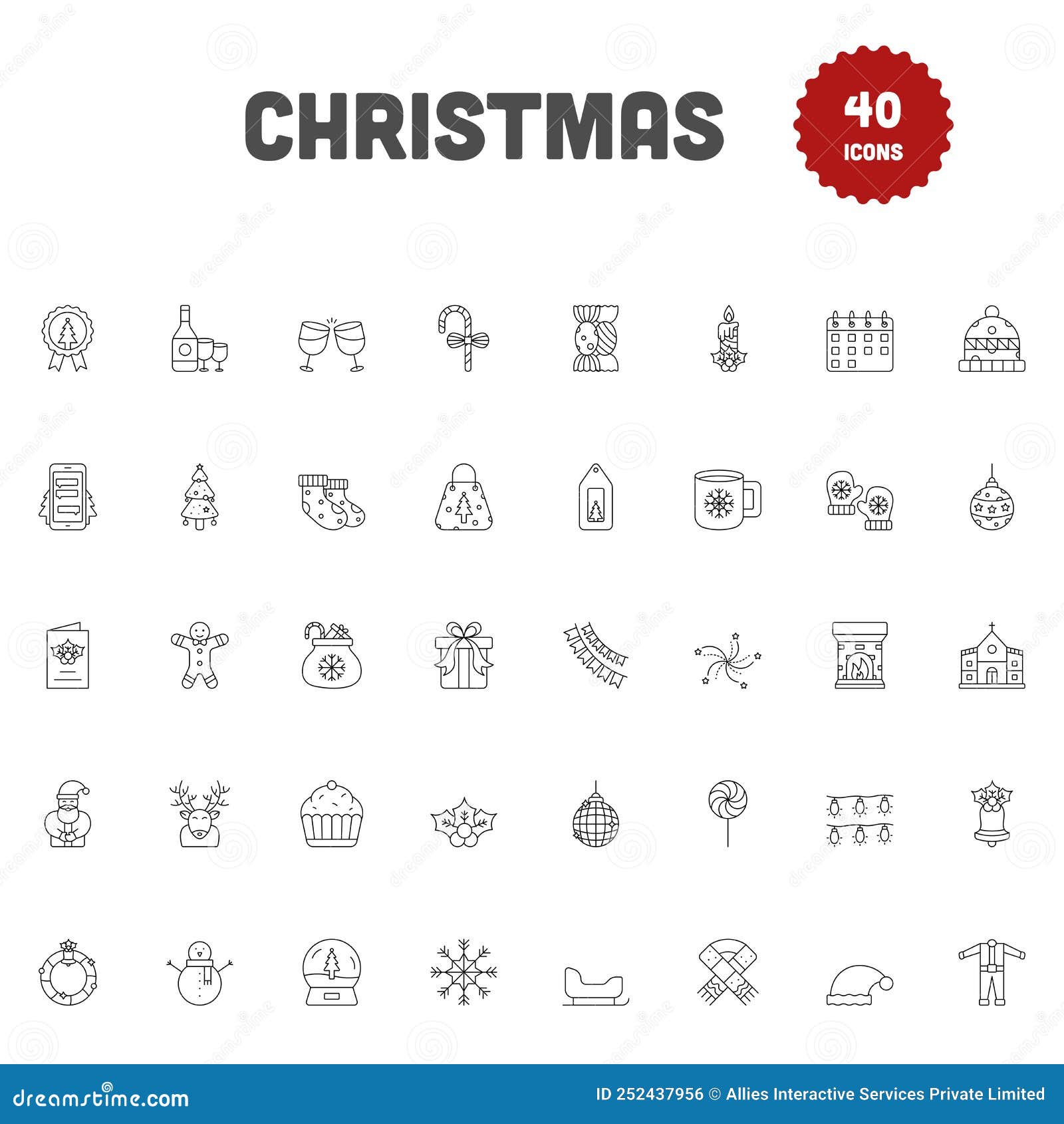 40 Christmas Celebration Icons Pack in Linear Stock Illustration ...