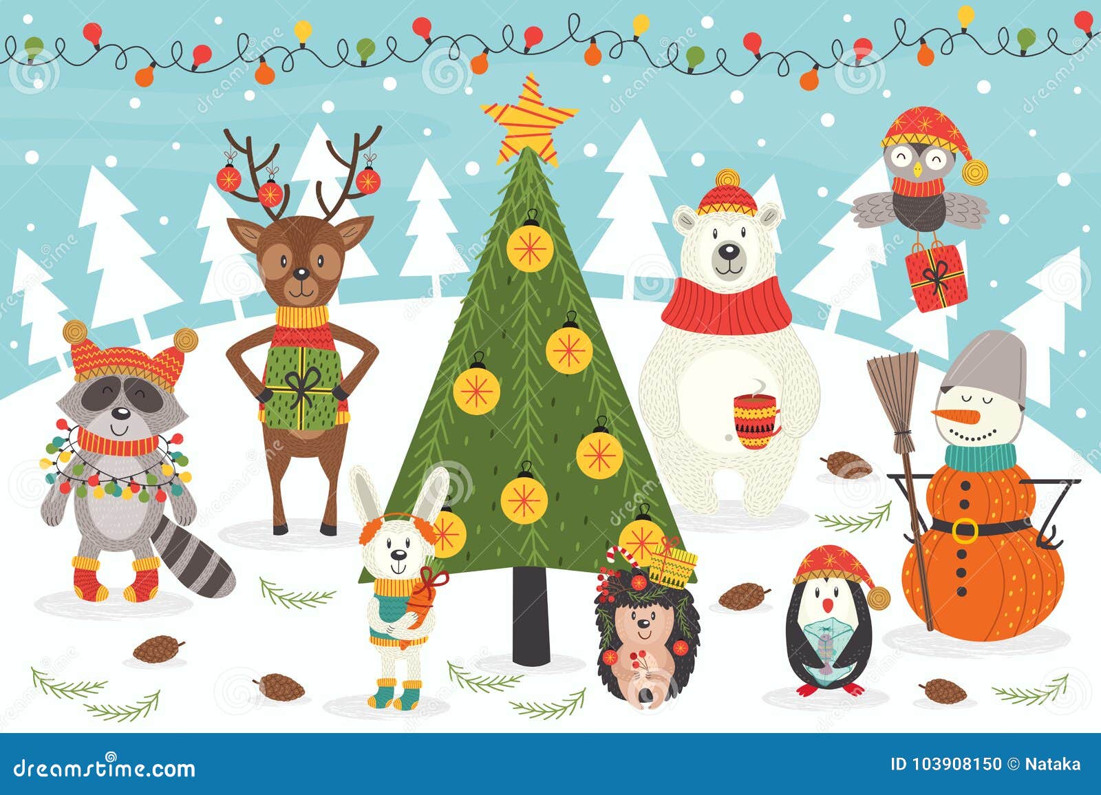 Christmas Characters Around the Christmas Tree Stock Vector ...